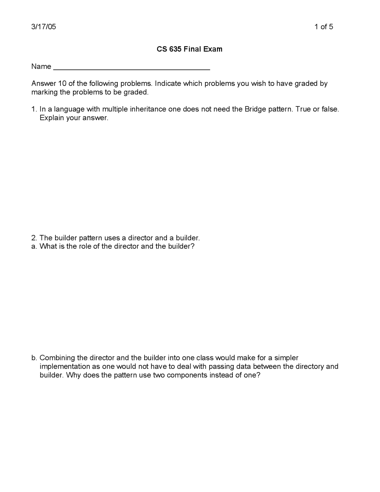 Final Exam Questions For Advanced Object Oriented Design Programming