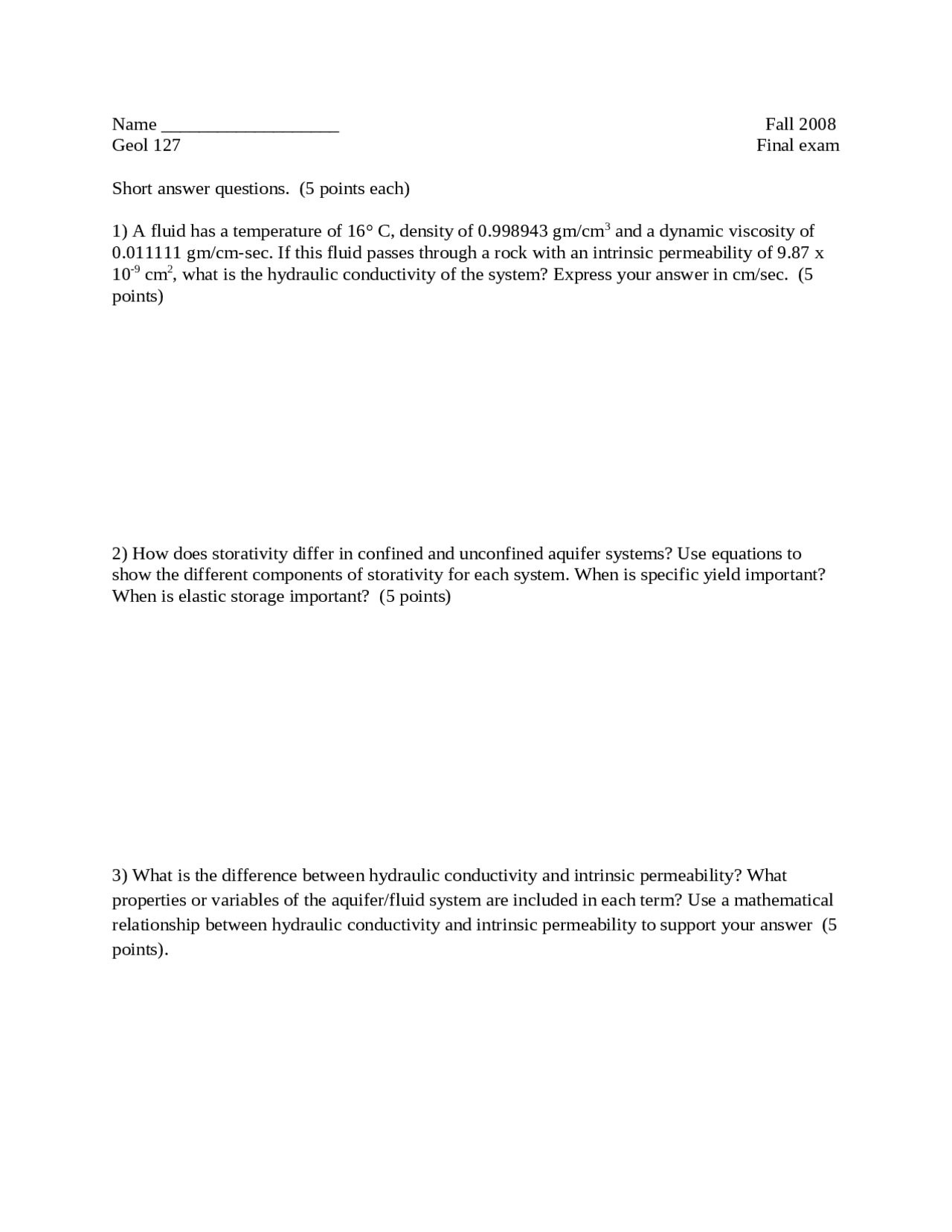 Final Exam For Hydrogeology Fall 2008 Geol 127 Docsity