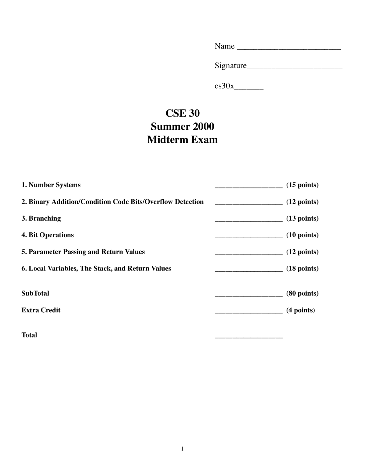 Midterm Exam on Computer Organization Systems Program - Spring 2000 | CSE 30 - Docsity