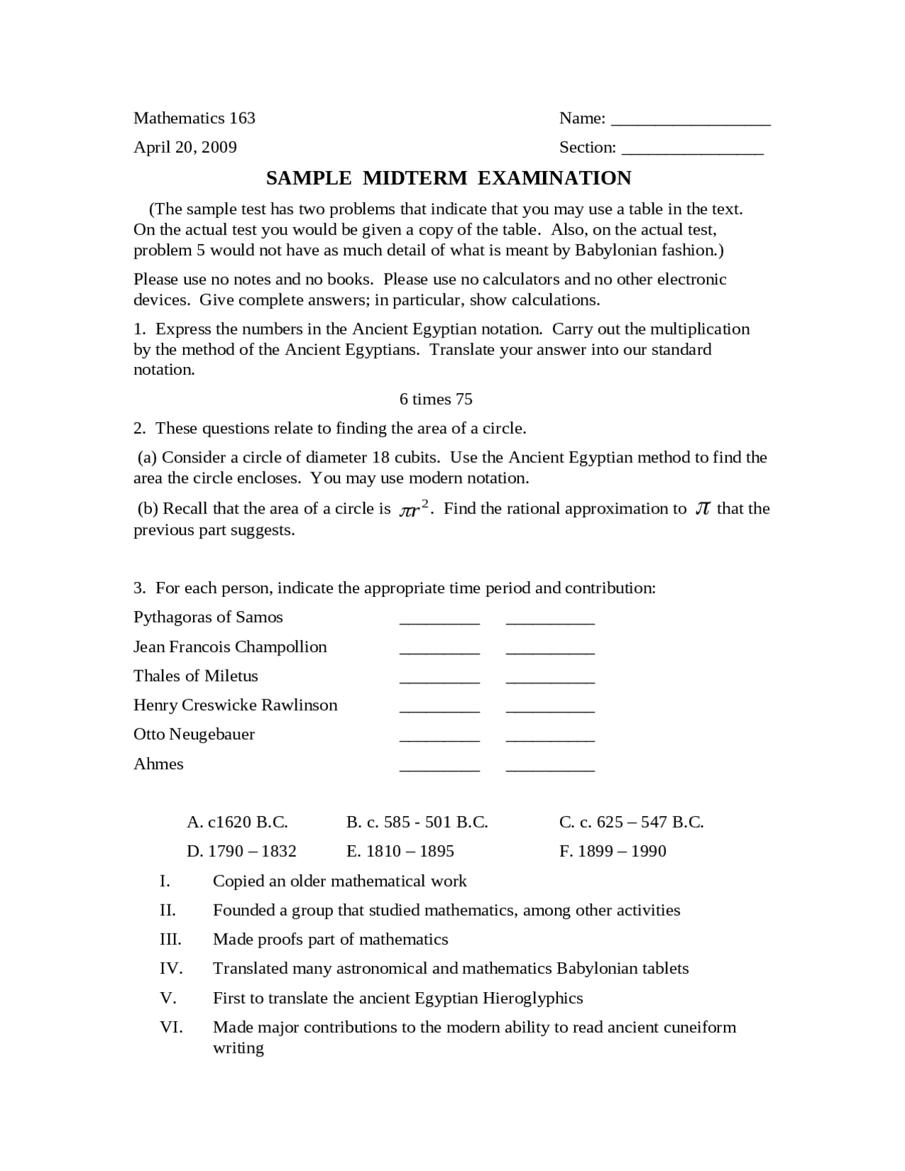 Sample Midterm Exam with 7 Questions - History of Mathematics | MATH ...