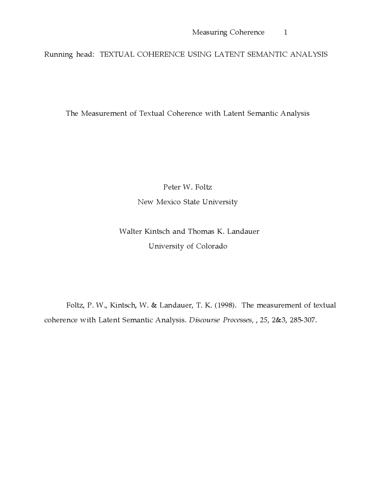 The Measurement of Textual Coherence with Latent Semantic Analysis | CIS 700 - Docsity