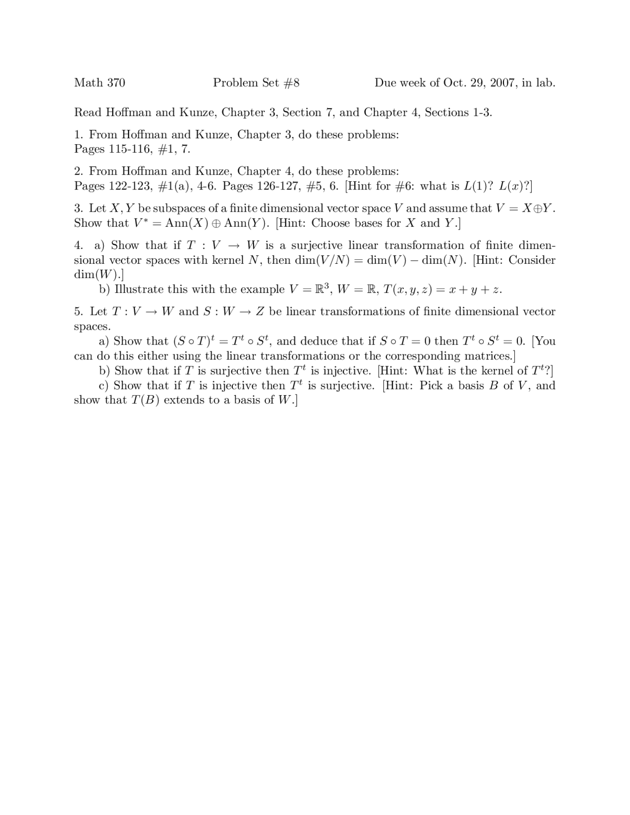 5 Questions On Algebra Problem Set 8 Math 370 Docsity