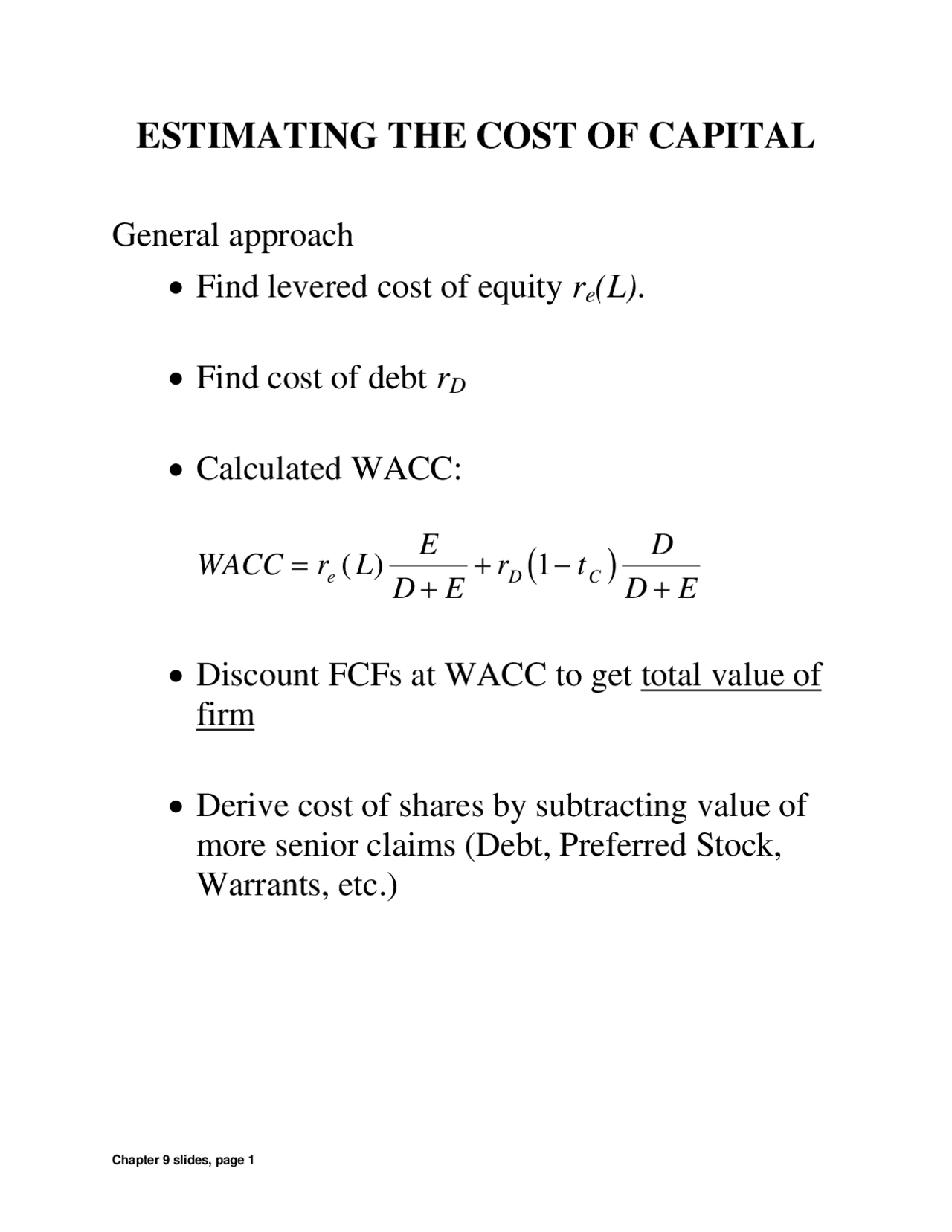 Estimating The Cost Of Capital Lecture Slides Fnce 728 Docsity