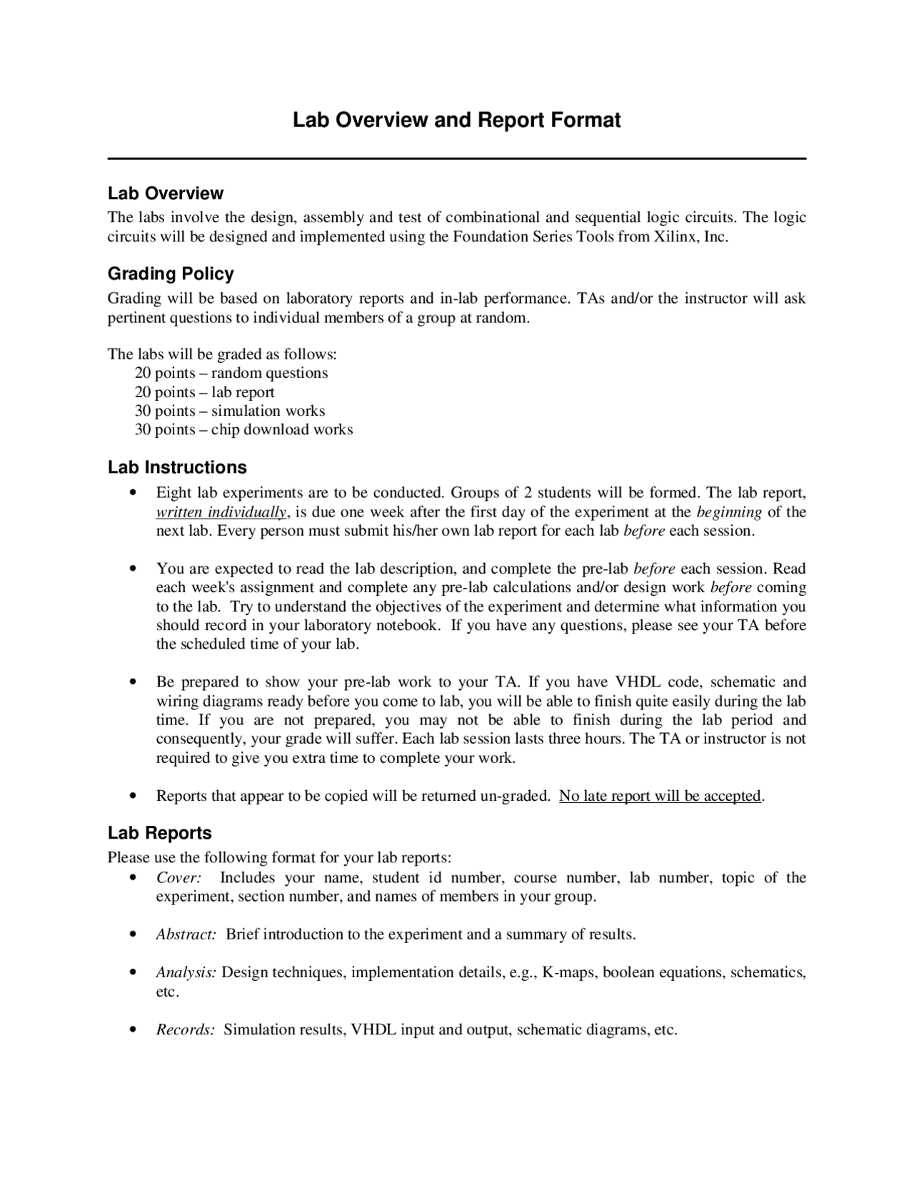 Logic Design Lab Overview And Report Format Cs 120a Docsity