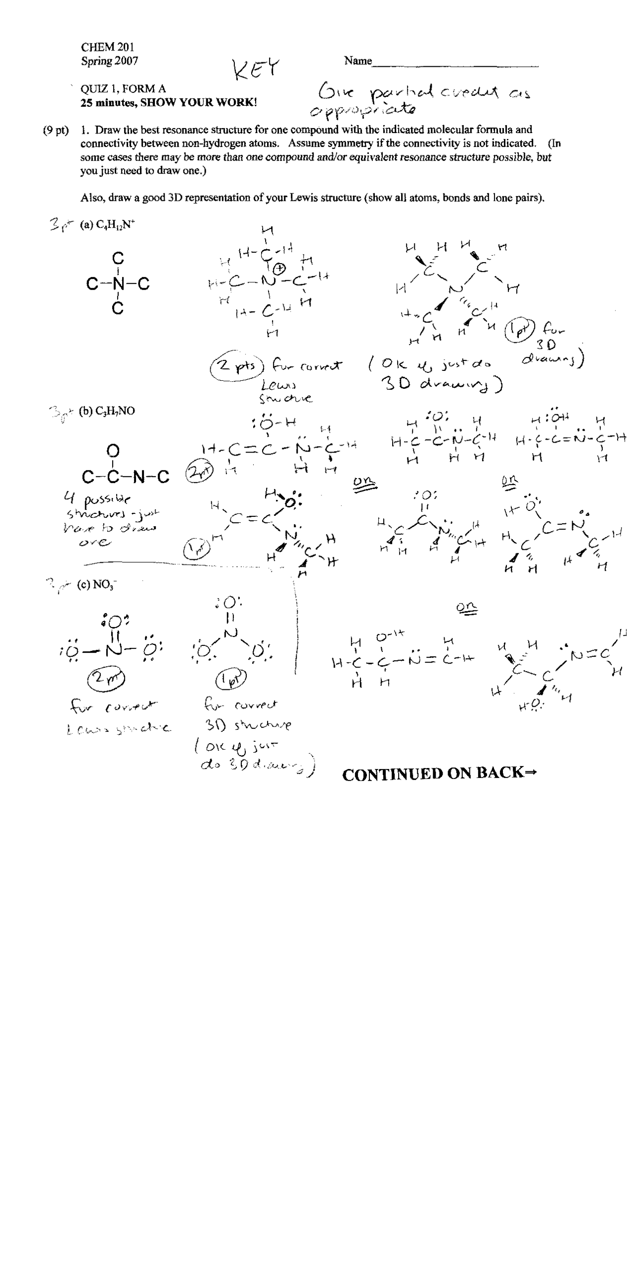 Quiz 1 Form A with Answer Key - General Chemistry | CHEM 201 - Docsity