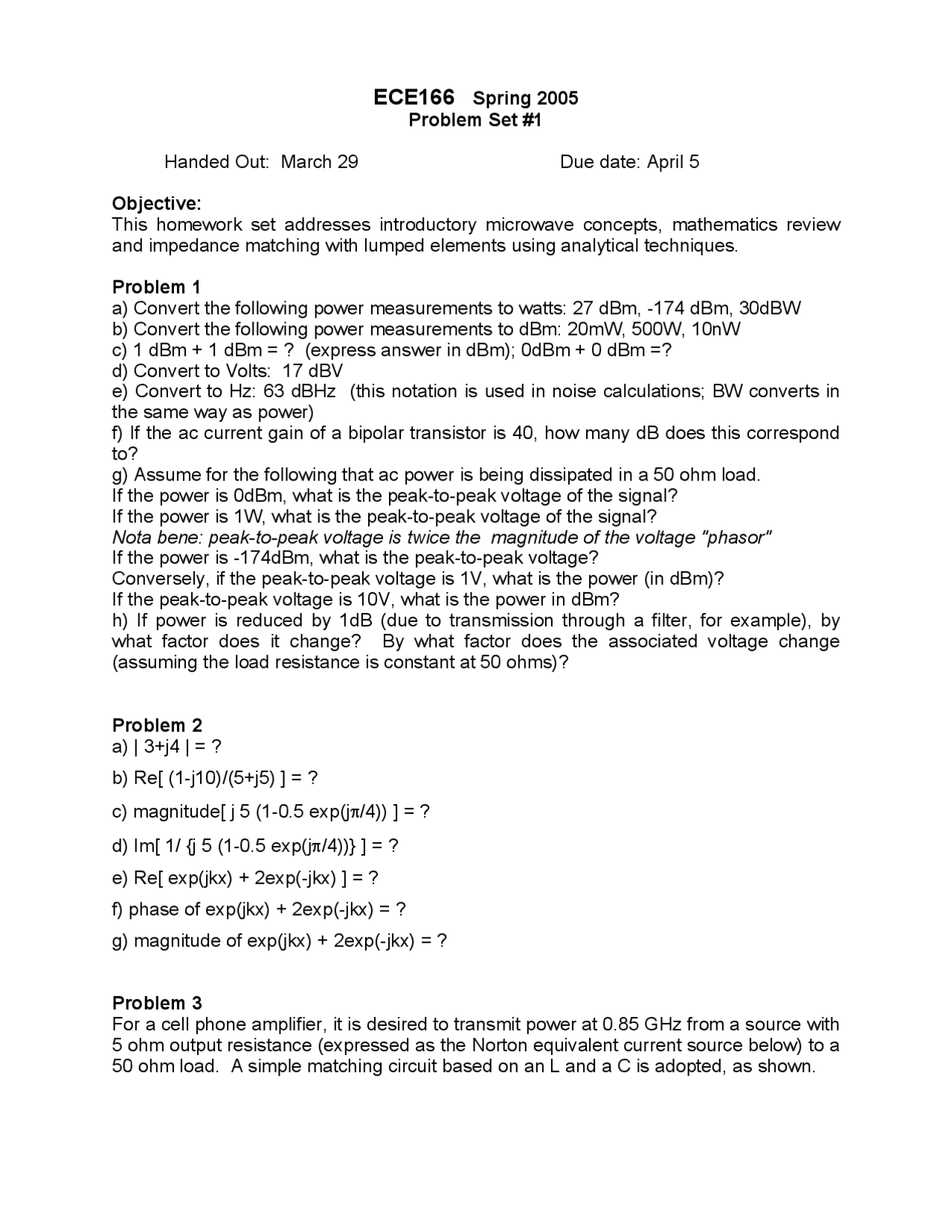 Problem Set 1 Introductory Microwave Concepts And Circuits Ece 166