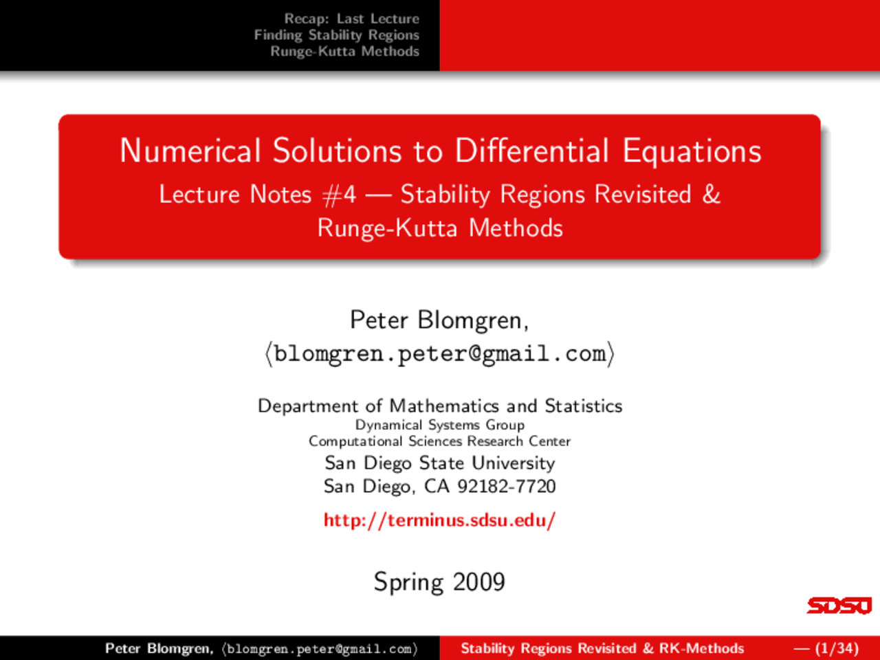 Stability Regions Revisited and Runge-Kutta Methods | MATH 542 - Docsity