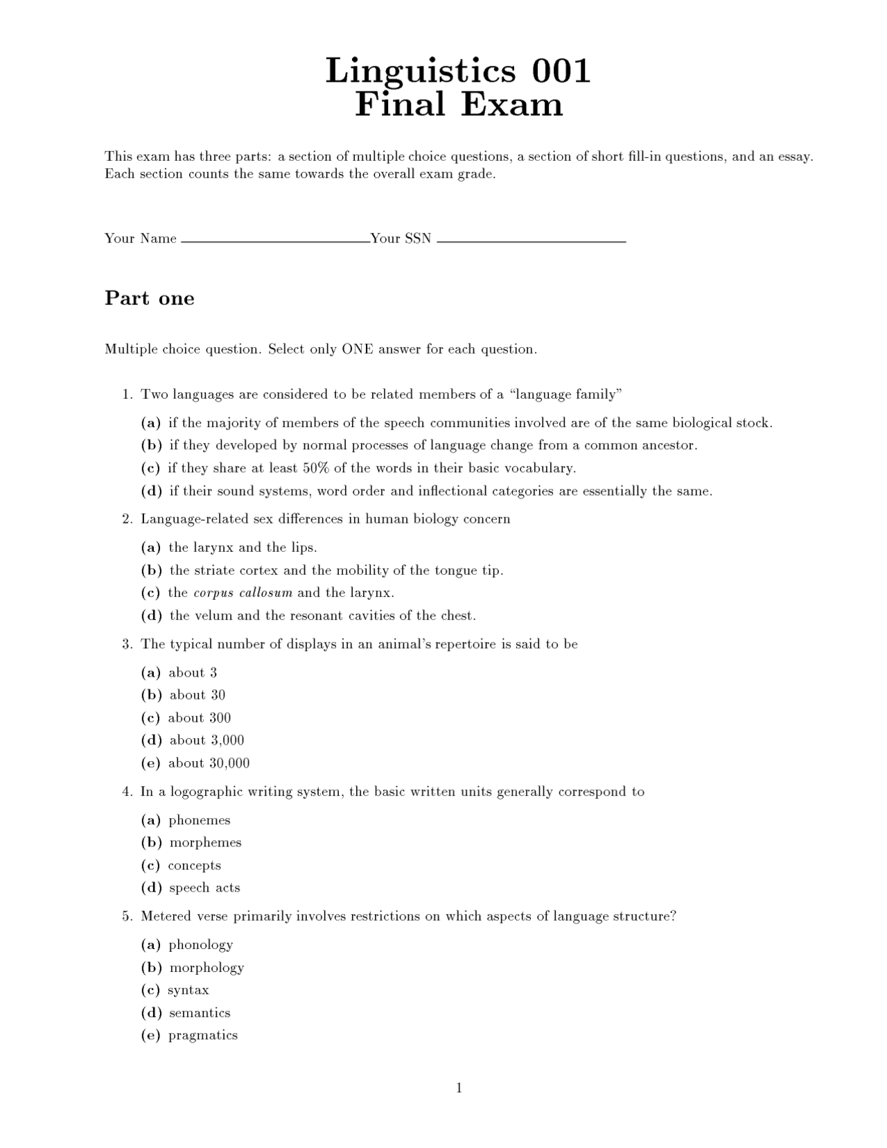 Multiple Choice Questions On Linguistics Final Exam Ling 001 Docsity