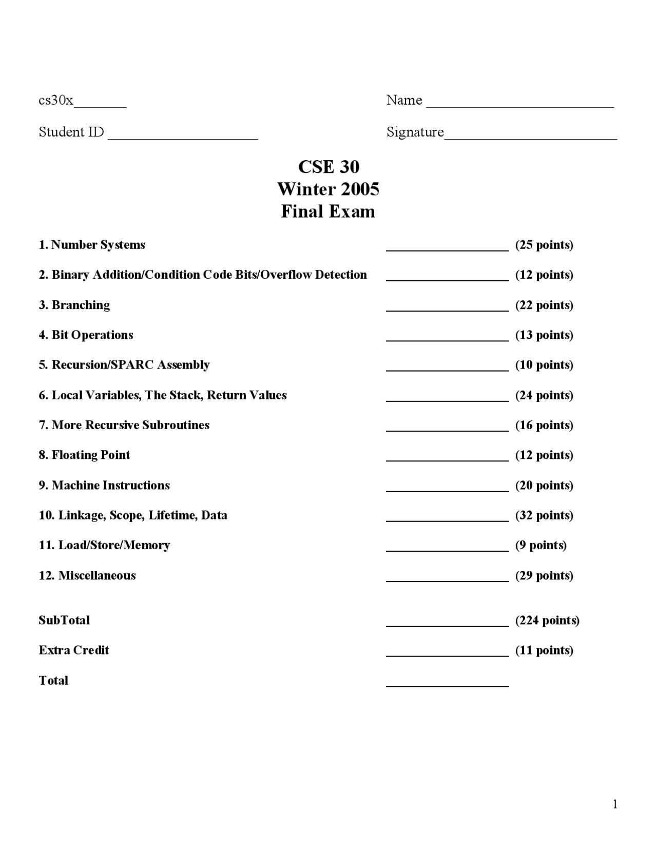 Past Final Exam On Computer Organization Systems Program Fall 2005
