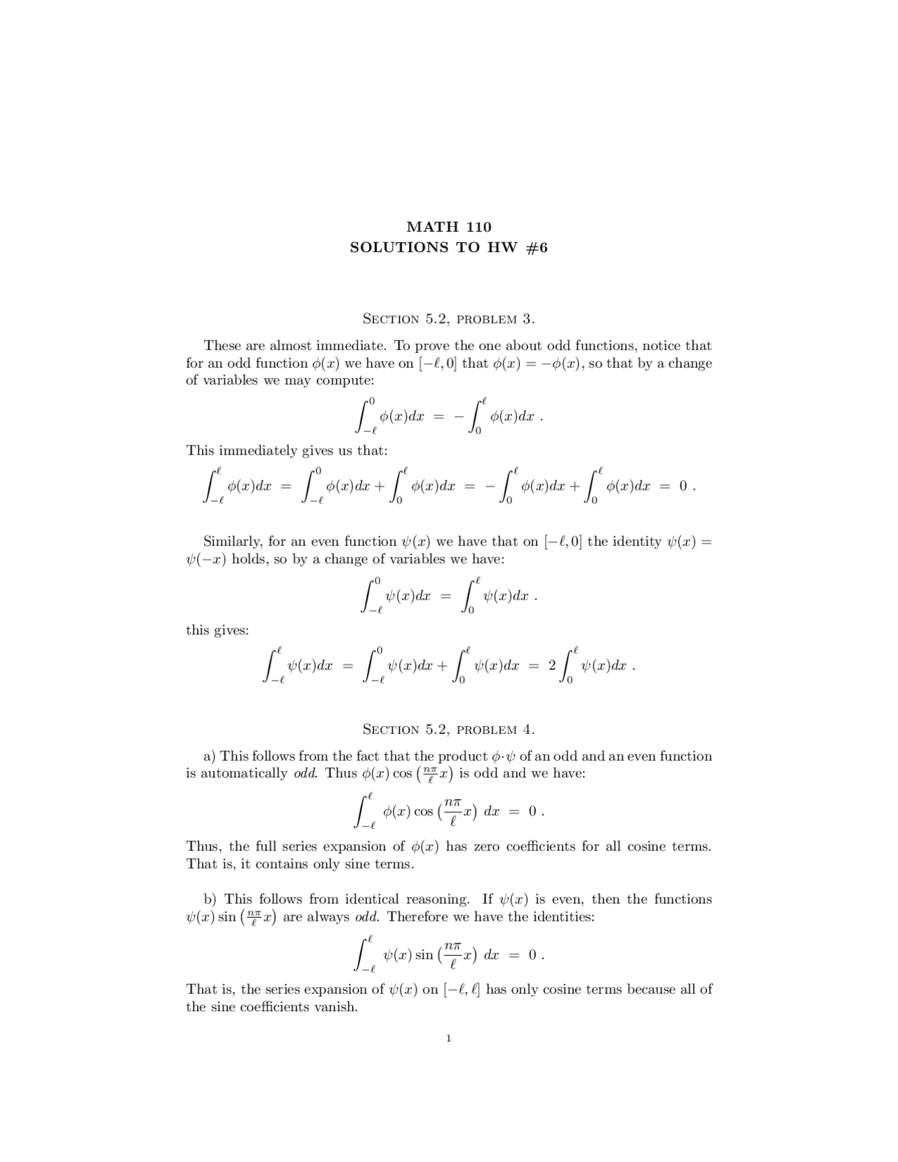 Introduction Partial Differential Equations Assignment 6 Solutions Math 110 Docsity
