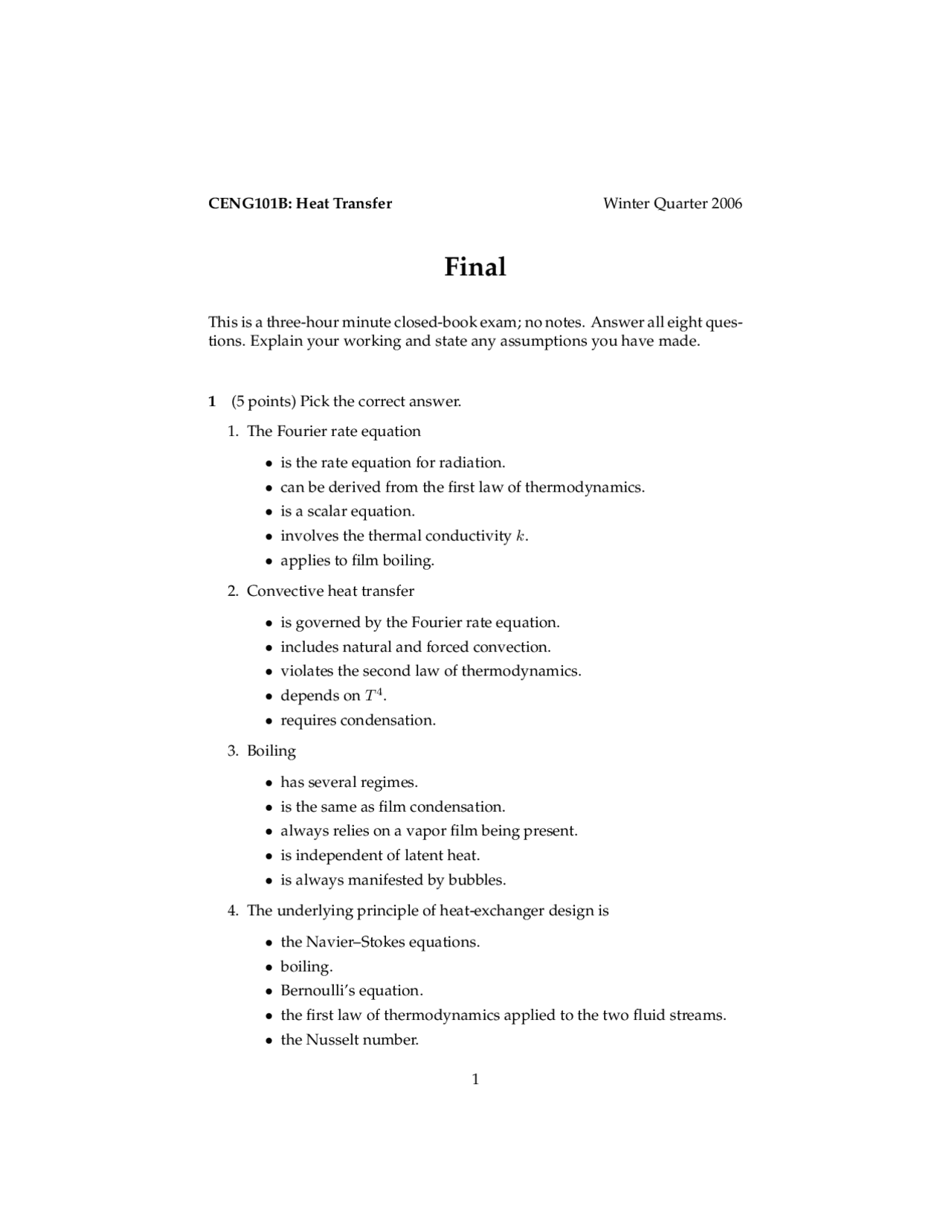 Final Term Exam For Heat Transfer Ceng 101b Docsity