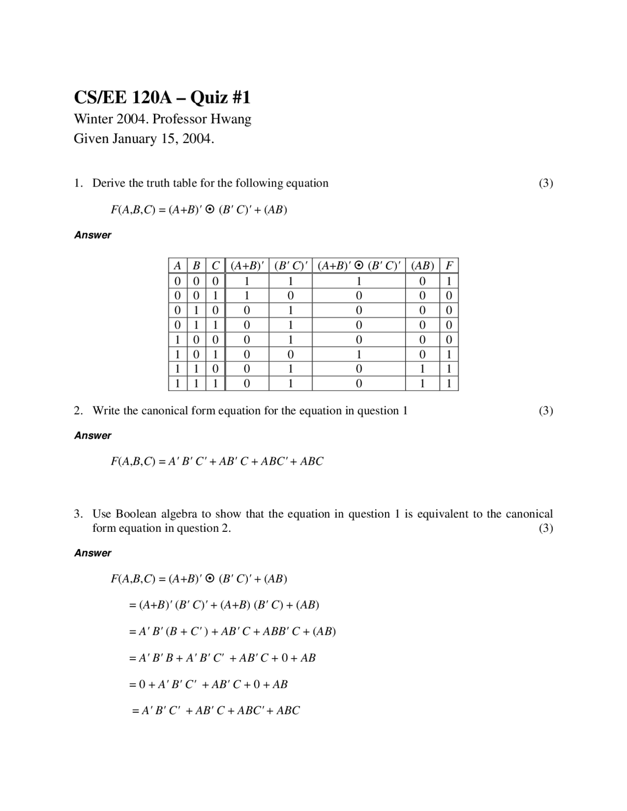 3 Questions On Logic Design With Answers Quiz 1 Ee 120a Docsity