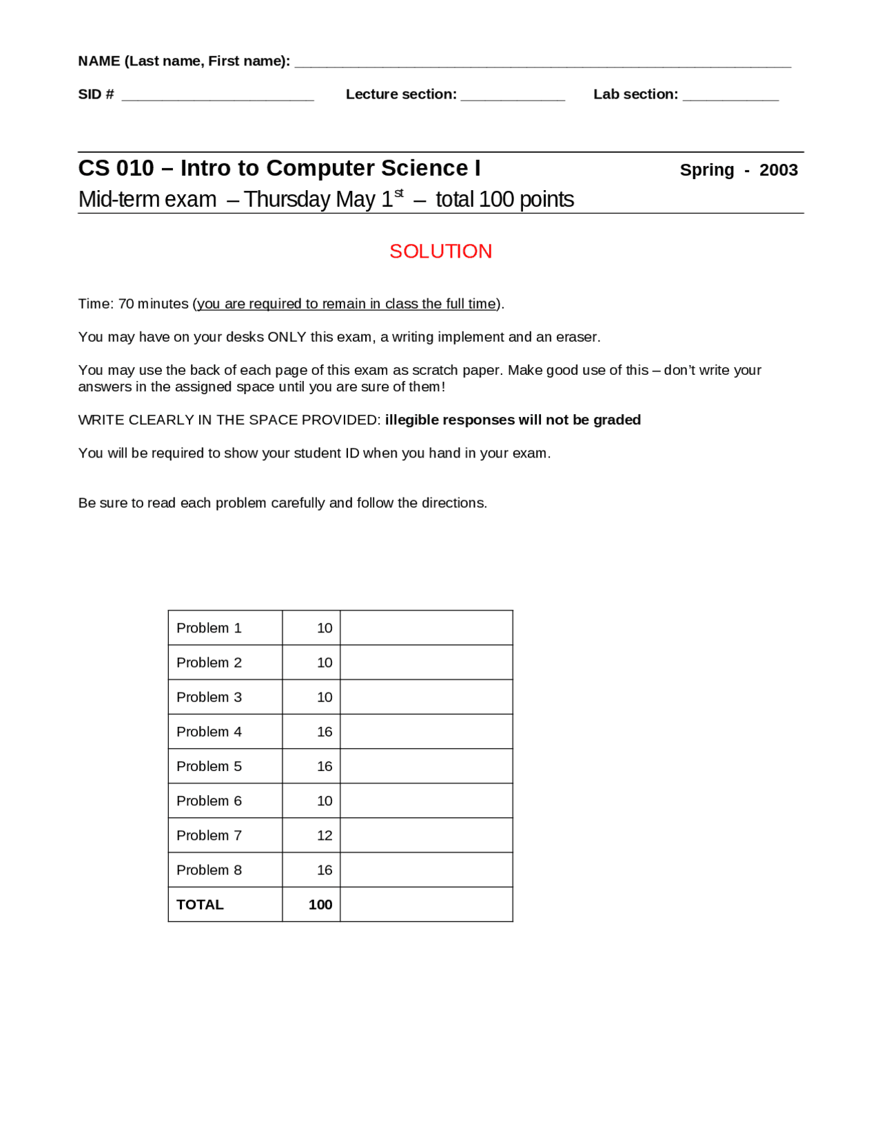 8 Solved Problems On Introduction To Computer Science I Midterm Exam Cs 010 Docsity