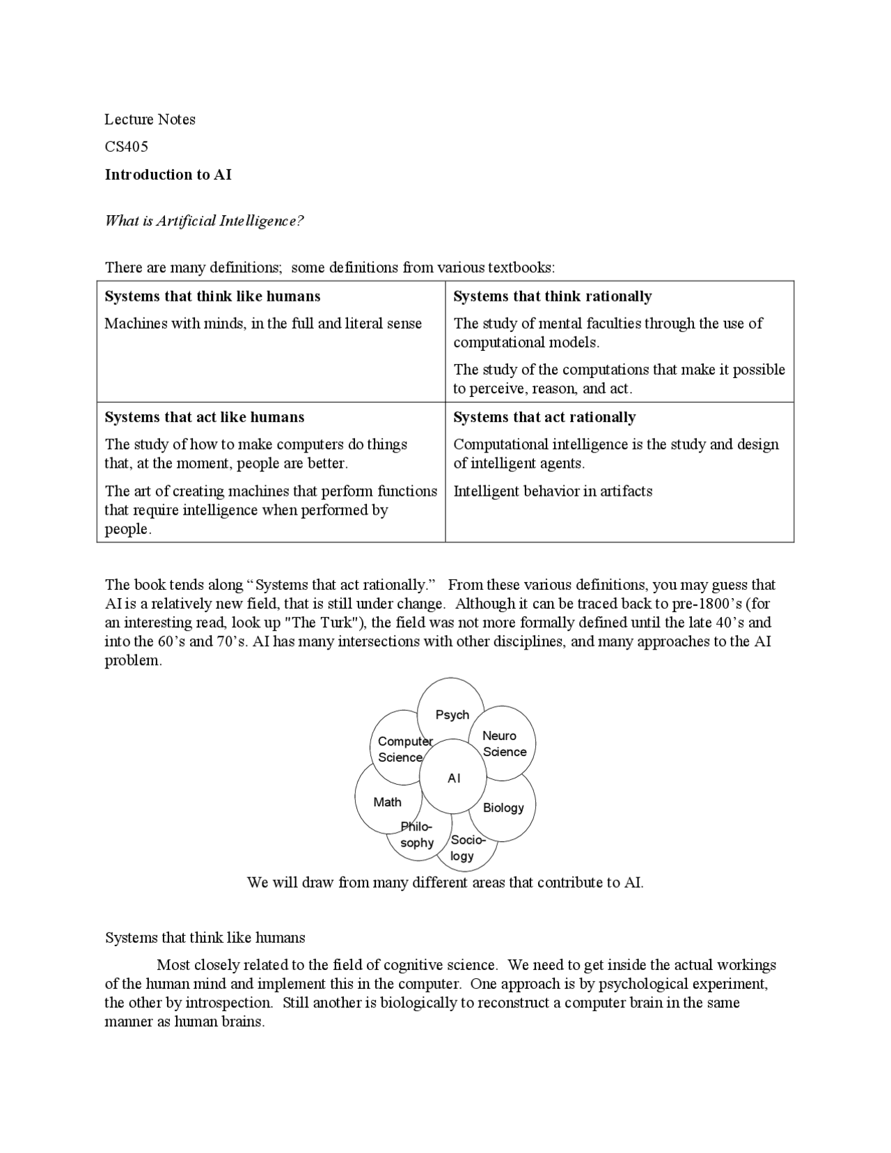 Introduction To Artificial Intelligence Lecture Notes Cs A351 Docsity