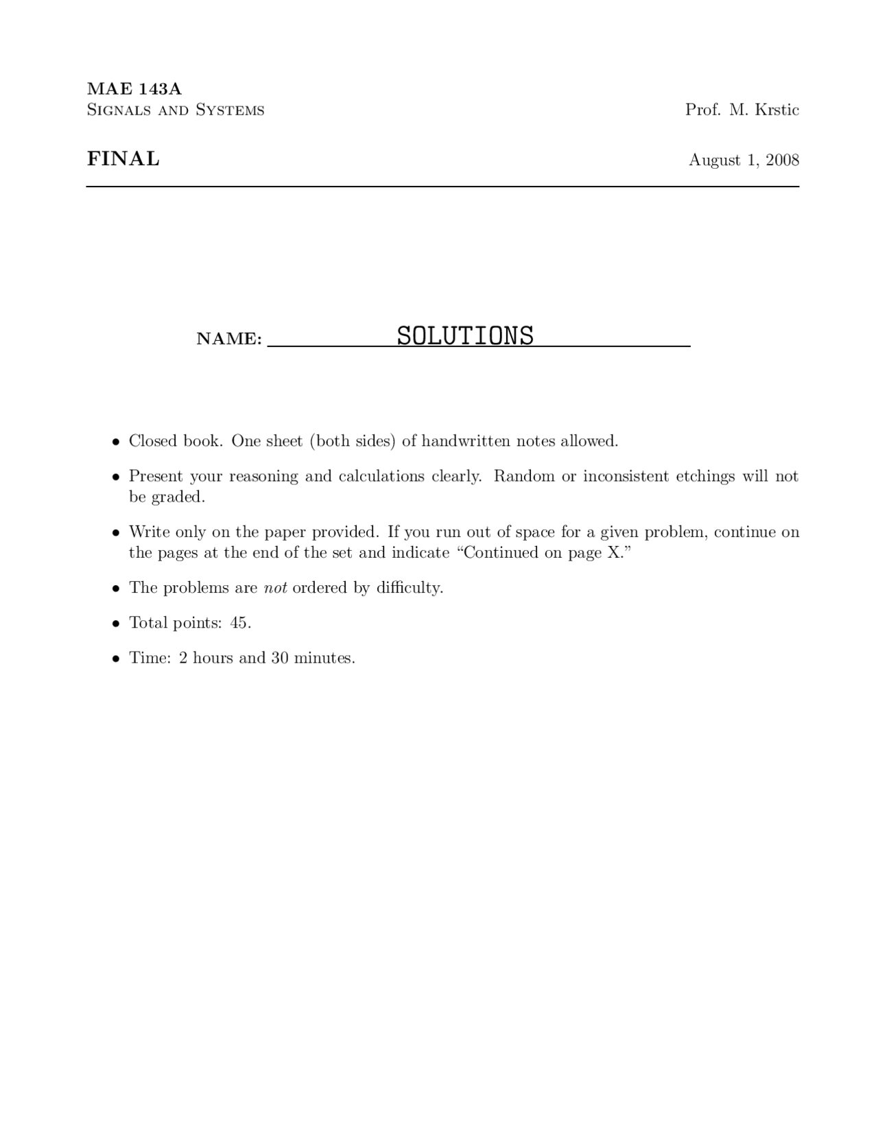 6 Problems With Answer Final Exam Signals And Systems Mae 143a