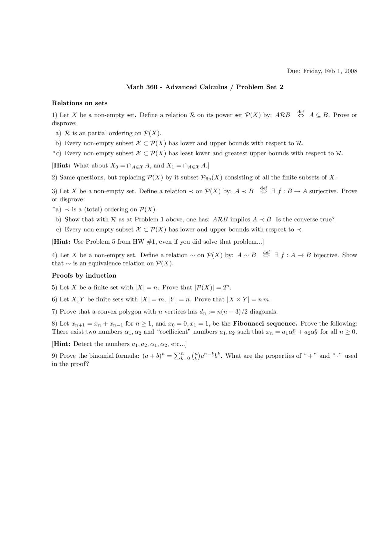 Advanced Calculus Assignment 2 Questions Math 360 Docsity
