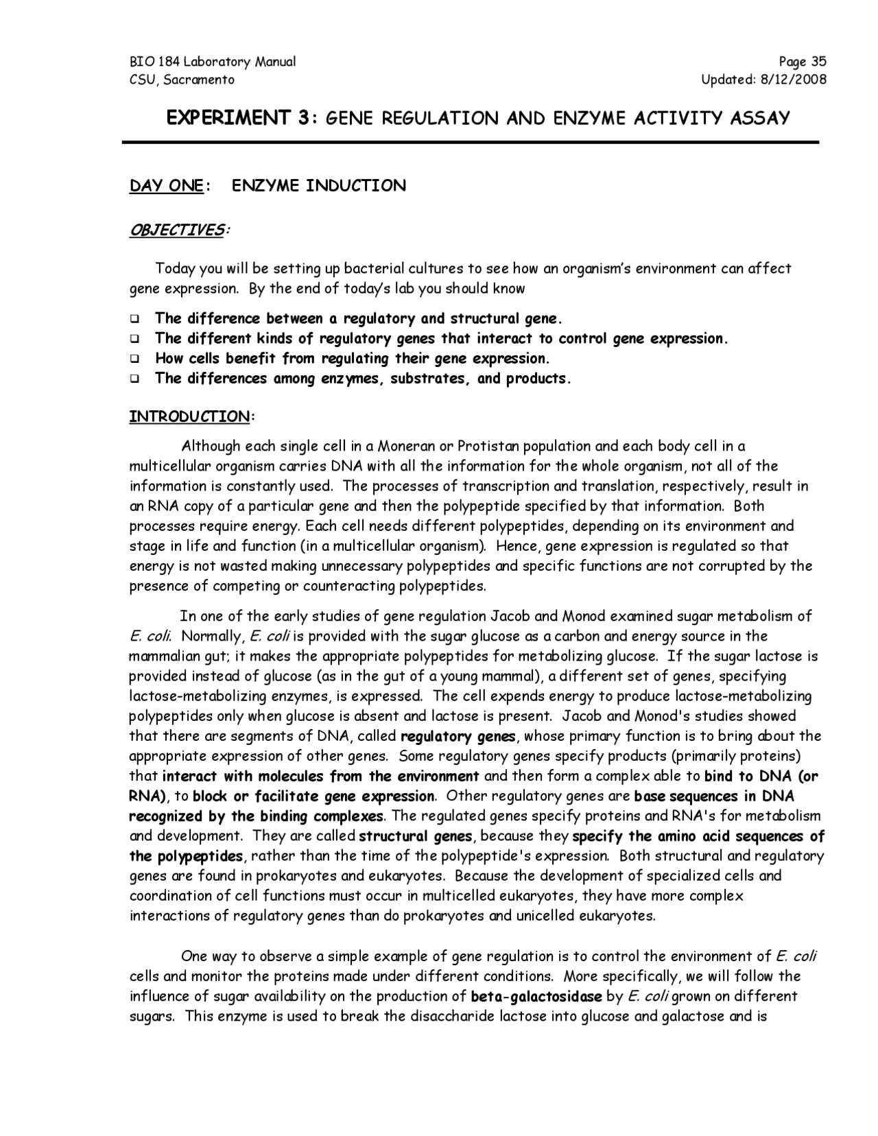 Experiment 3 on Gene Regulation and Enzyme Activity Essay | BIO 184 ...