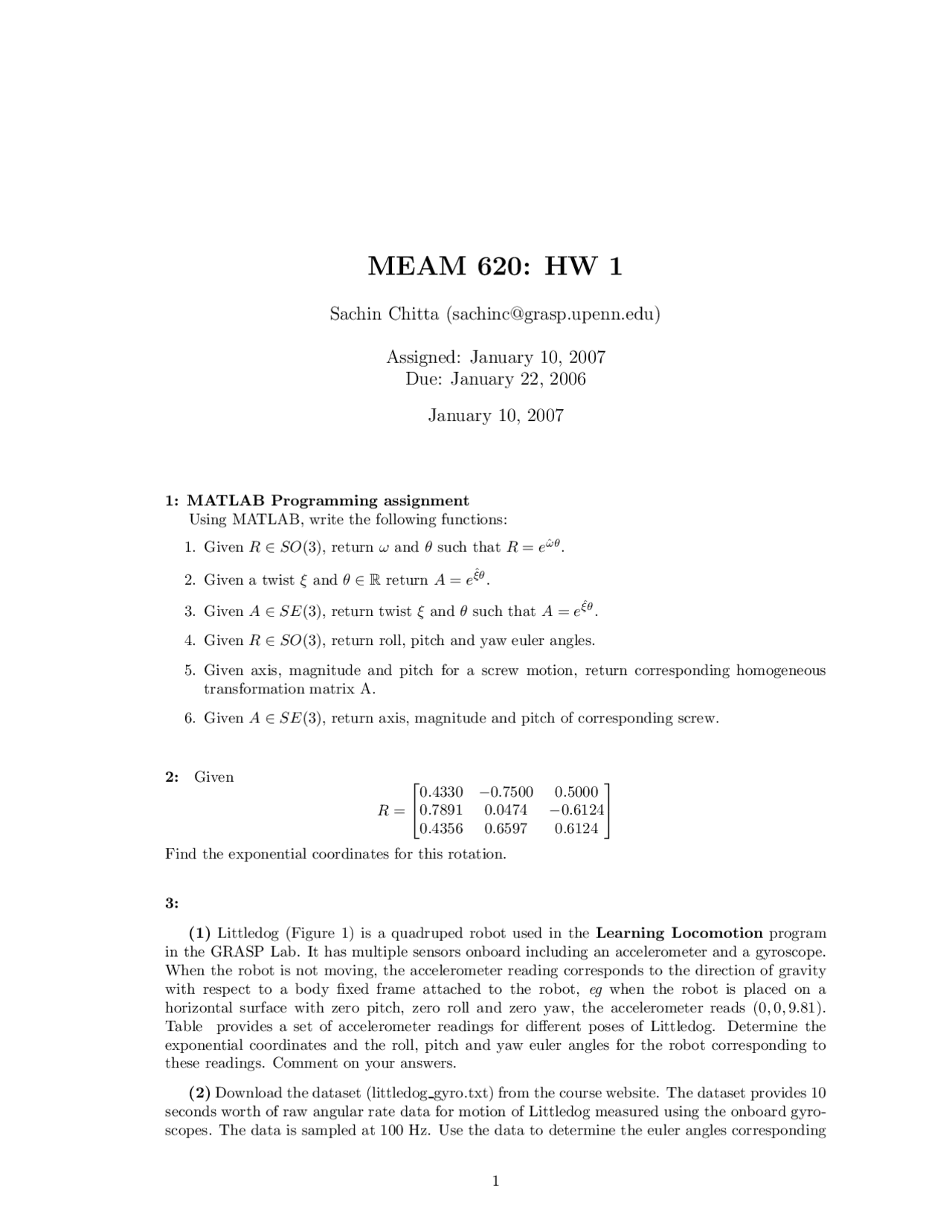 10 Questions On Robotics Assignment Meam 620 Docsity