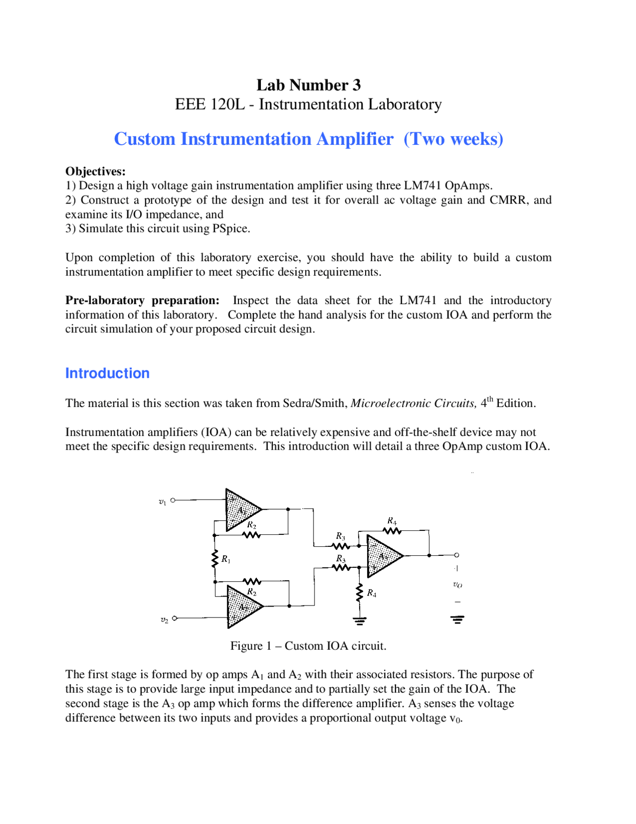 Custom Instrumentation Amplifier Lab 3 Eee 120 Docsity