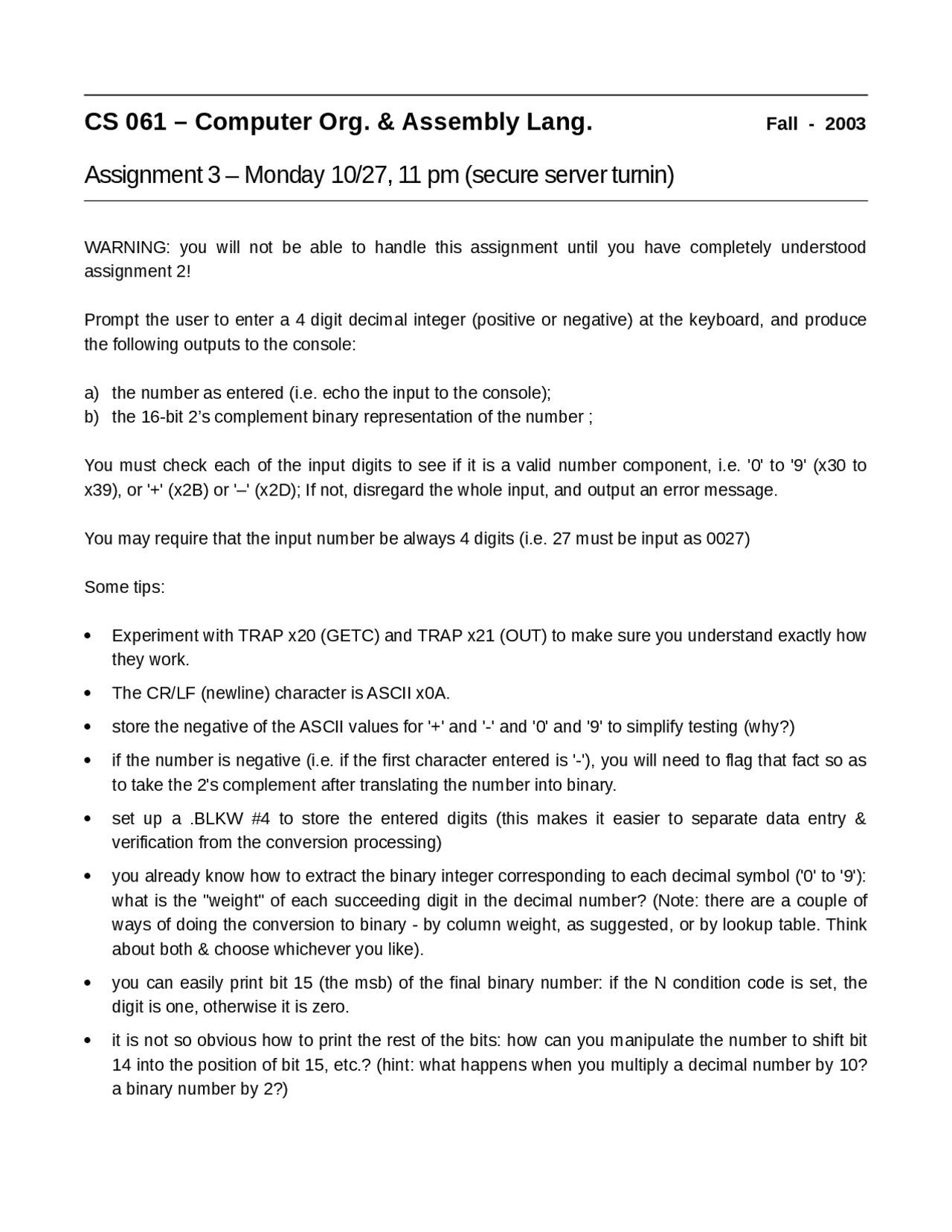 Assignment 3 On Computer Organization And Assembly Language Fall 2003 Cs 061 Docsity