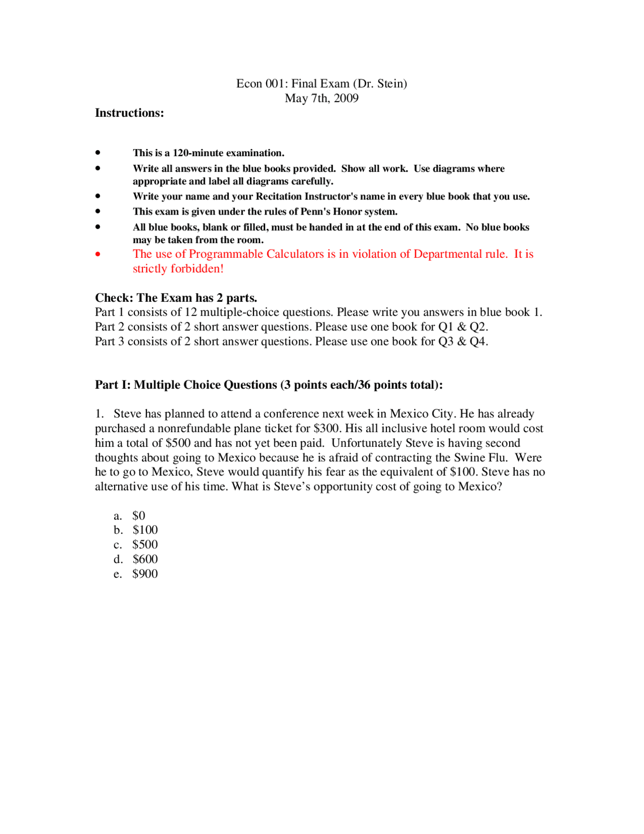 Final Exam With Answers Introduction To Microeconomics Econ 001