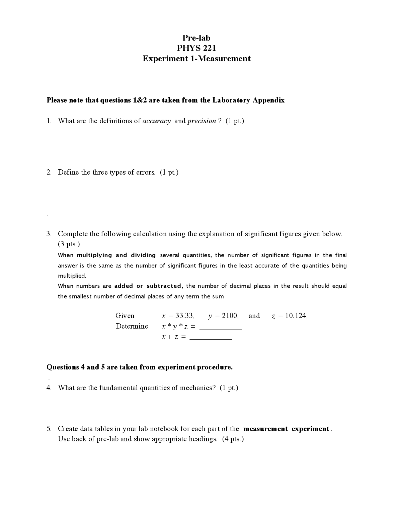 Lab Physics for Science and Engineering I - Lab 1 Measurement | Phys ...