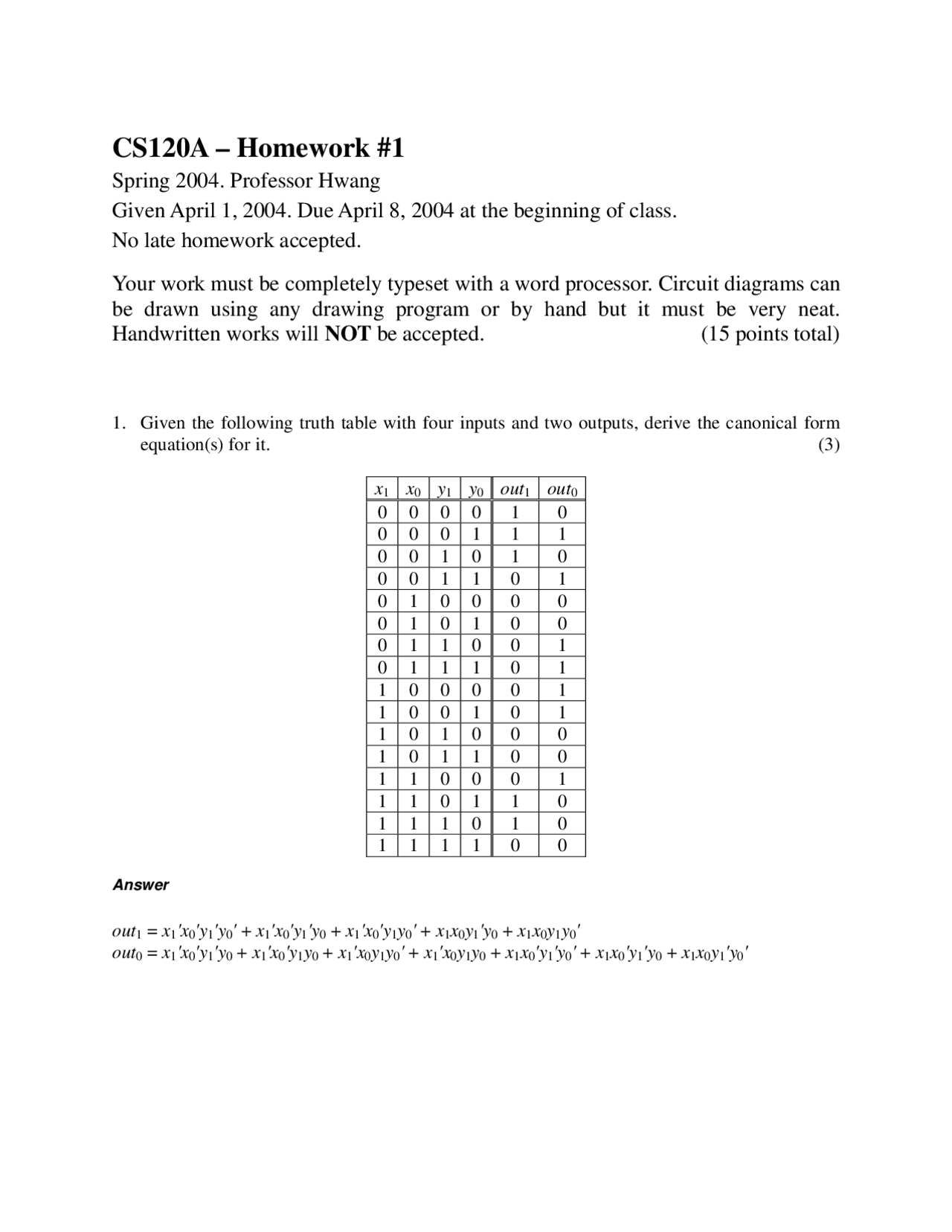 4 Questions On Logic Design Assignment 1 Cs 120a Docsity