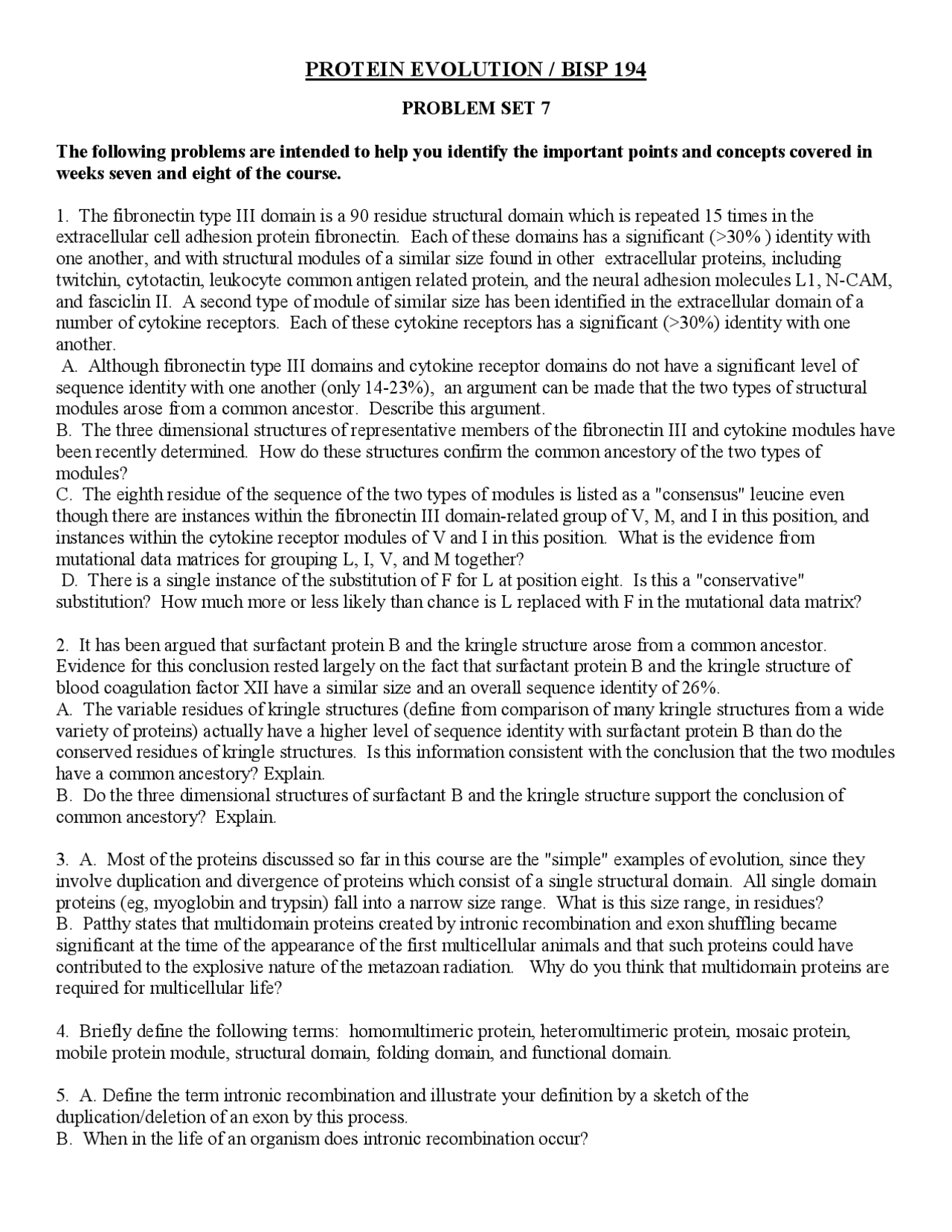 Protein Evolutions - Problem Set 7 | BISP 194 - Docsity