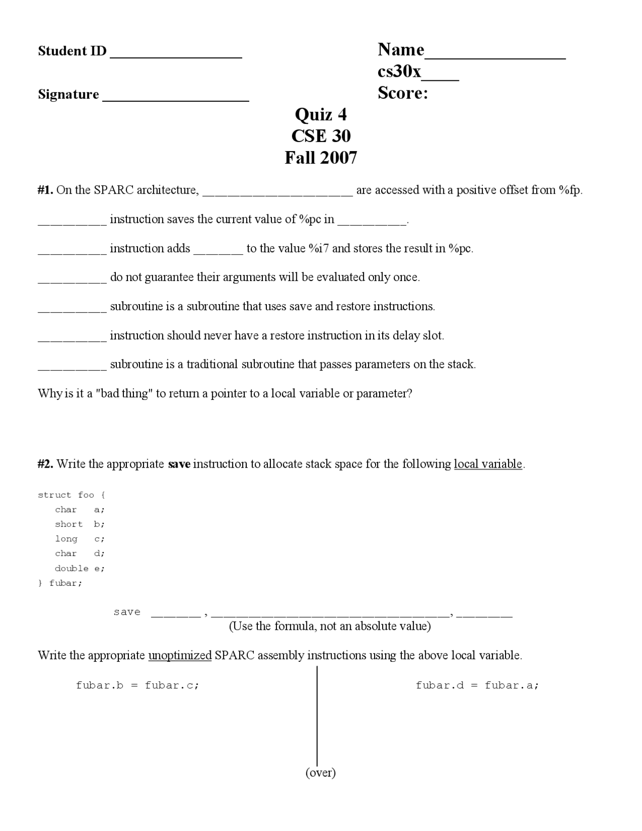 Computer Organization Systems Program Practice Quiz 4 Cse 30 Docsity