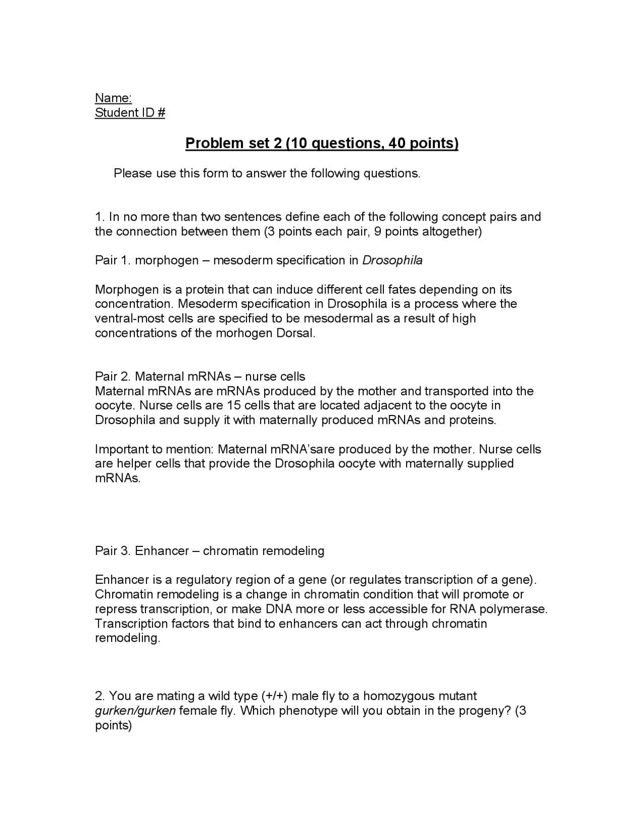 Problem Set 2 For Embryos Genes And Development Bicd 130 Docsity