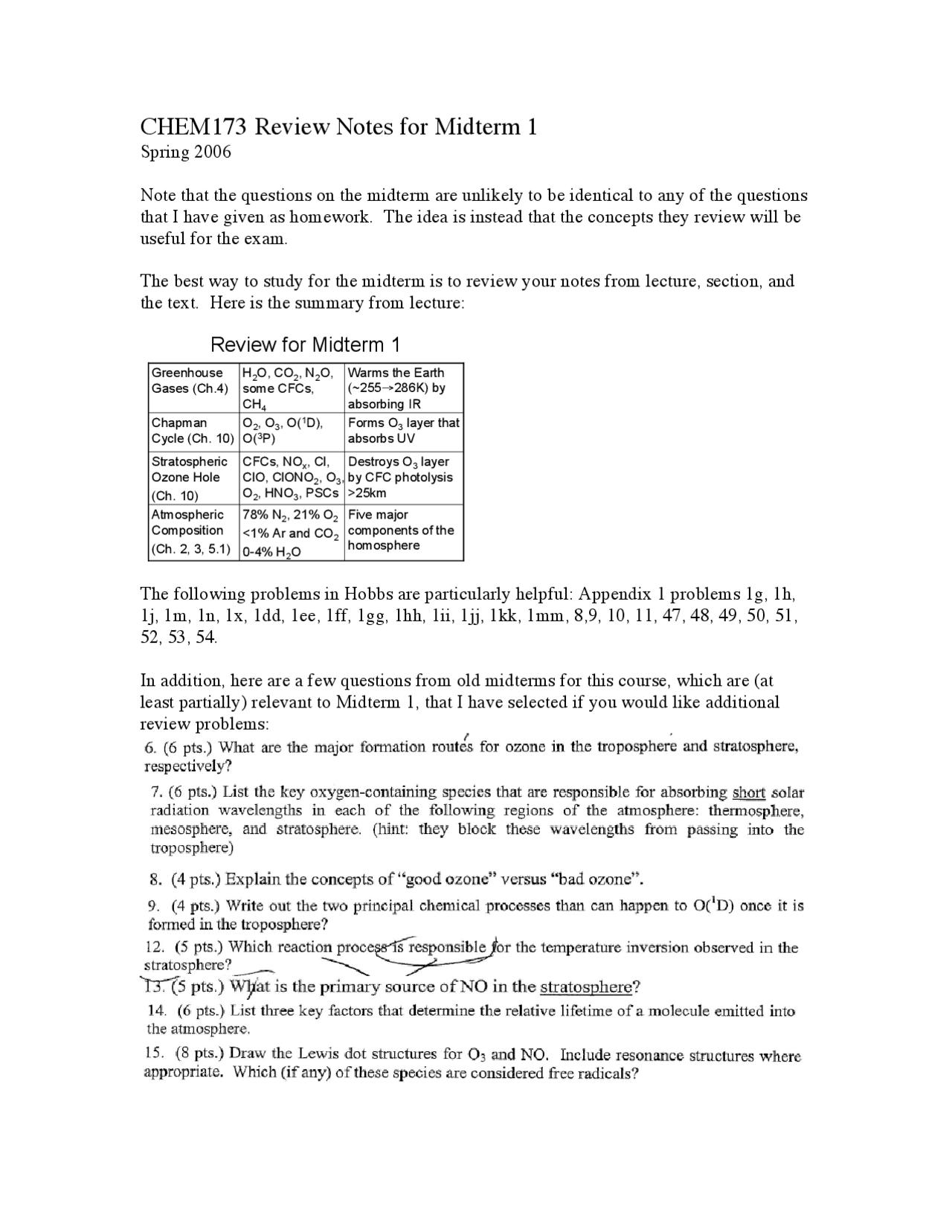 Review Notes For Midterm Exam Atmospheric Chemistry Chem 173 Docsity