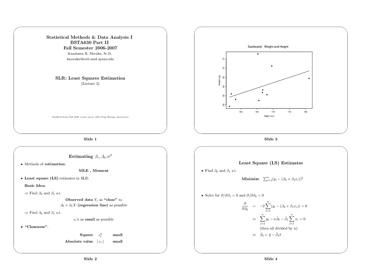 Lecture Slides on SLR: Least Squares Estimation | BSTA 651 - Docsity