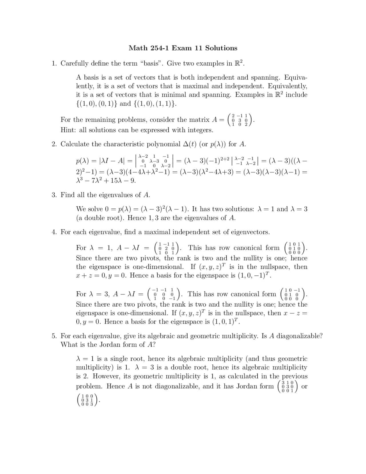 5 Questions Solved for Exam 11 - Introduction to Linear Algebra | MATH 254 - Docsity