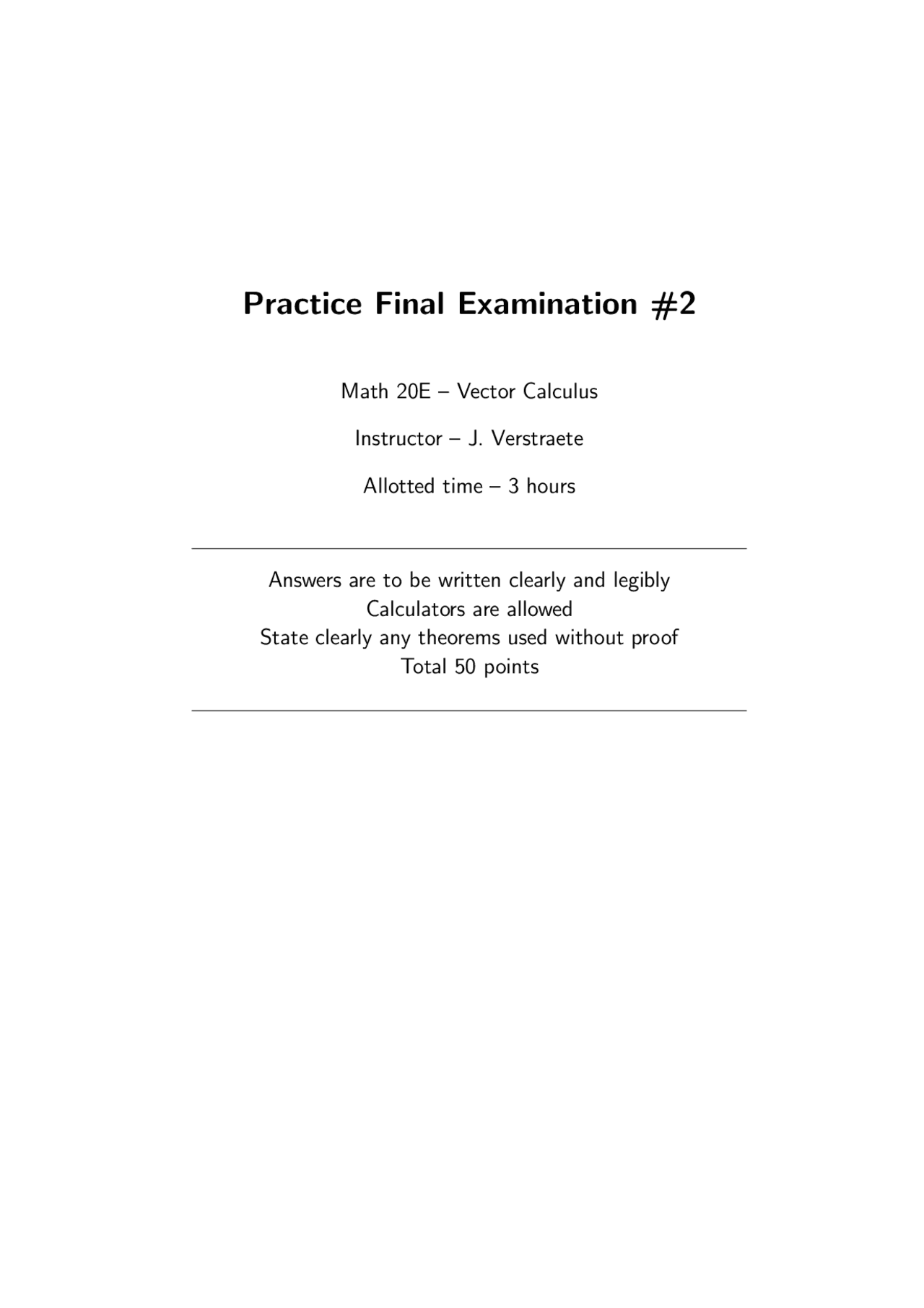 Vector Calculus Practice Final Examination 2 Math 20e Docsity