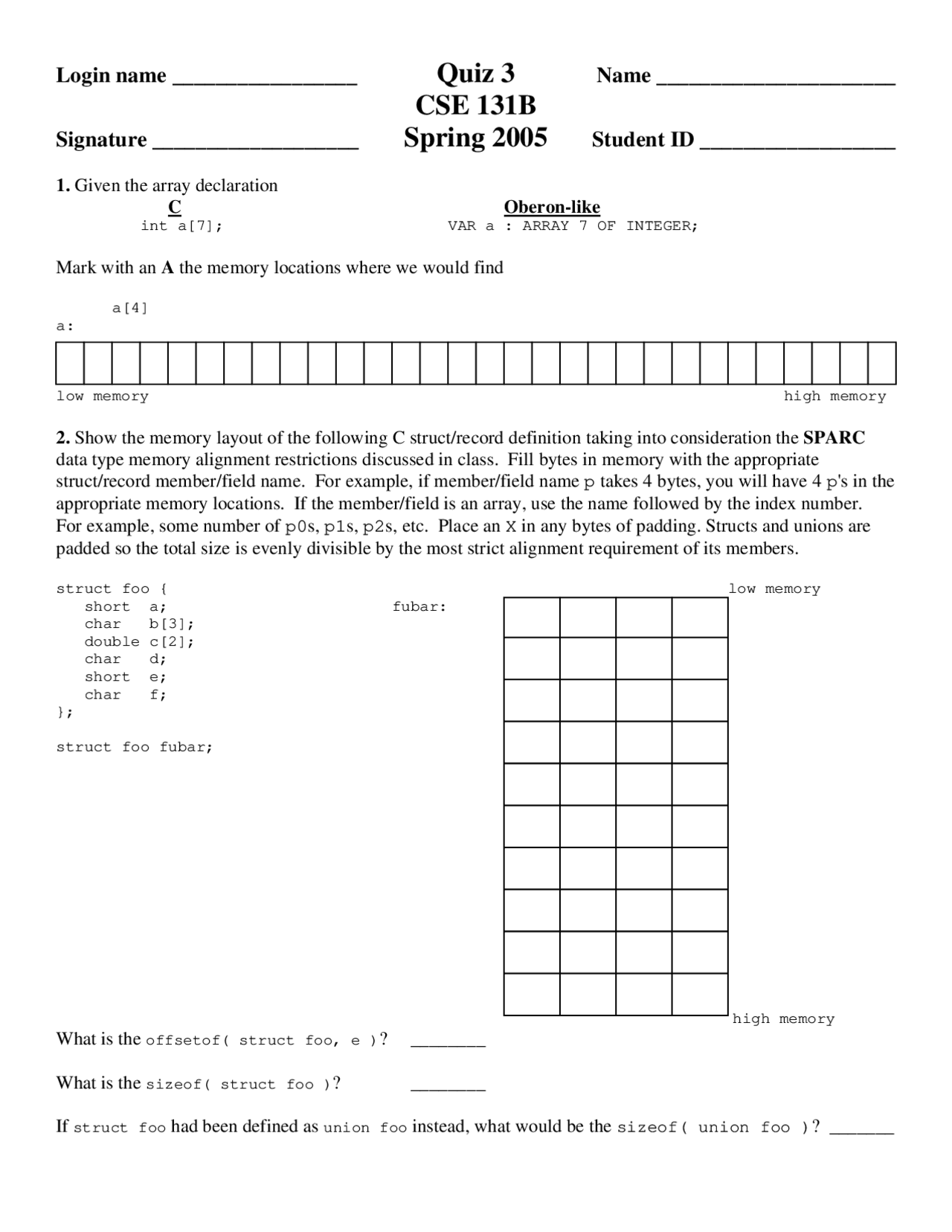 Given Array Declaration Quiz 3 Compiler Construction Cse 131 Docsity