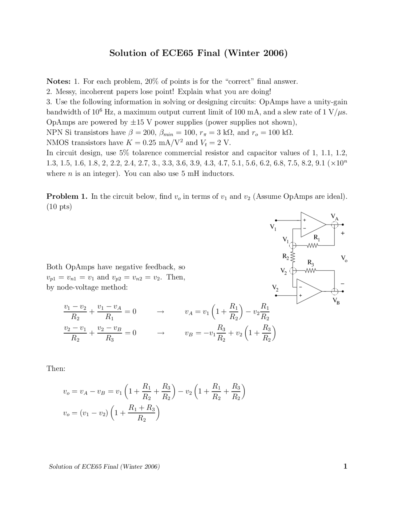 Final Exam Solutions Components And Circuits Lab Ece 65 Docsity