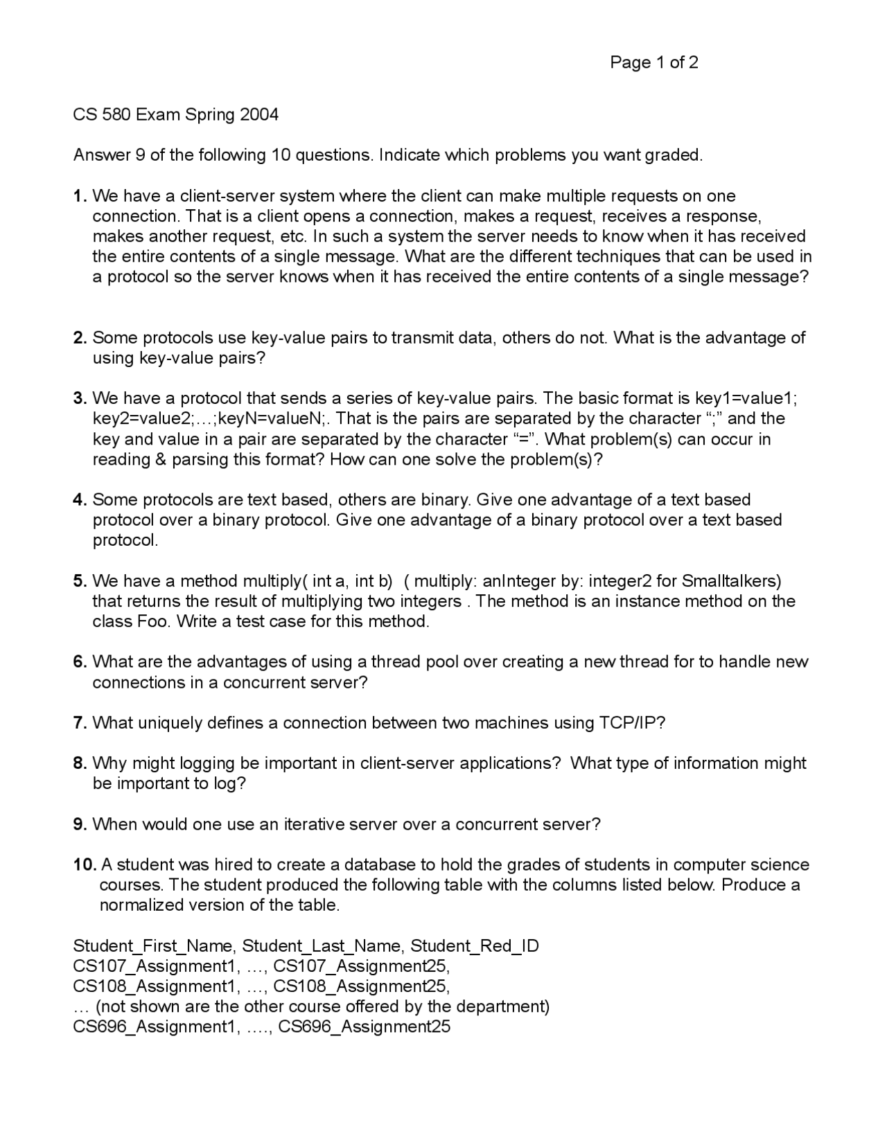 10 Questions for Practice Exam - Client-Server Programming | CS 580 - Docsity