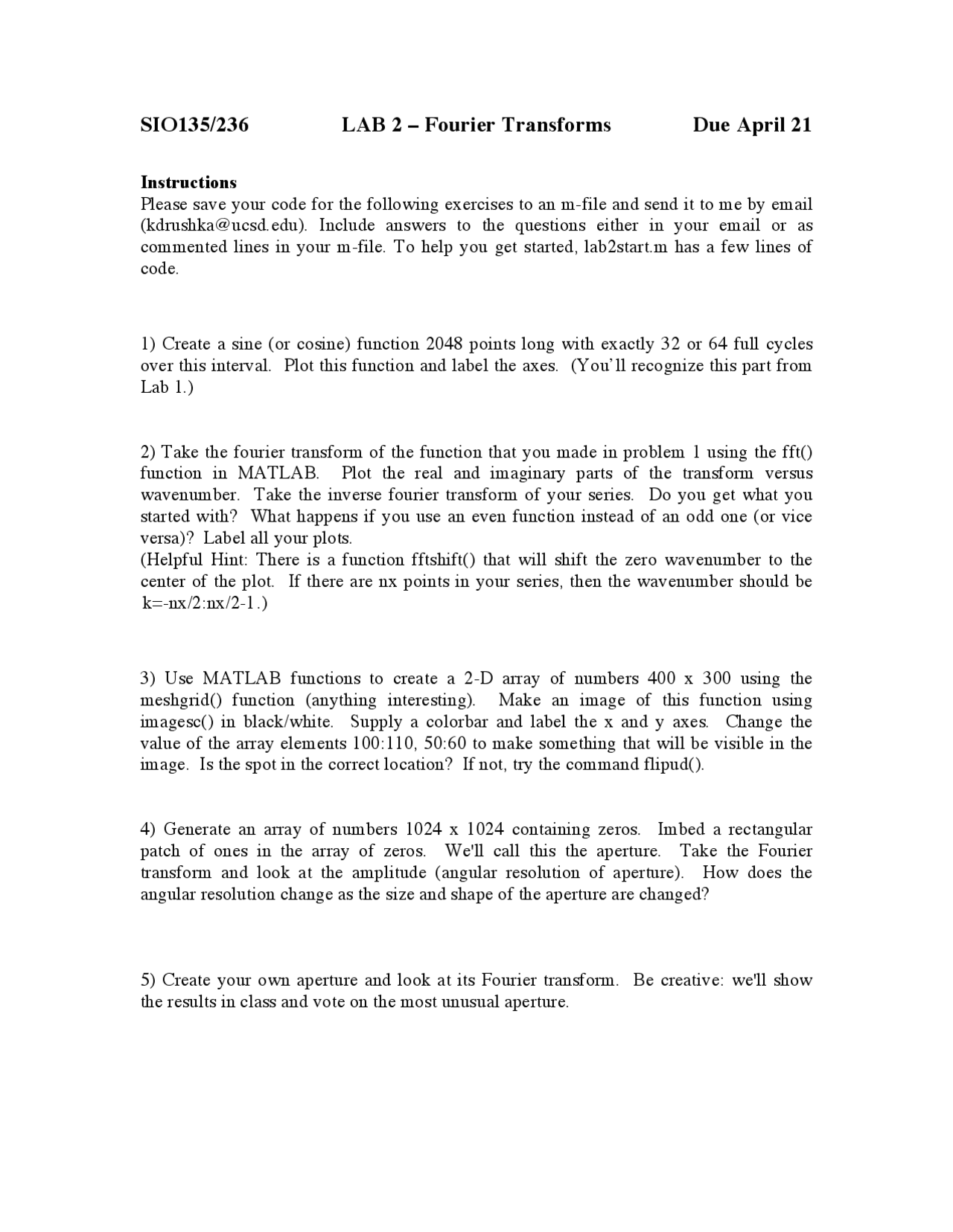 Laboratory 2 Report On Fourier Transforms Sio 135 Docsity