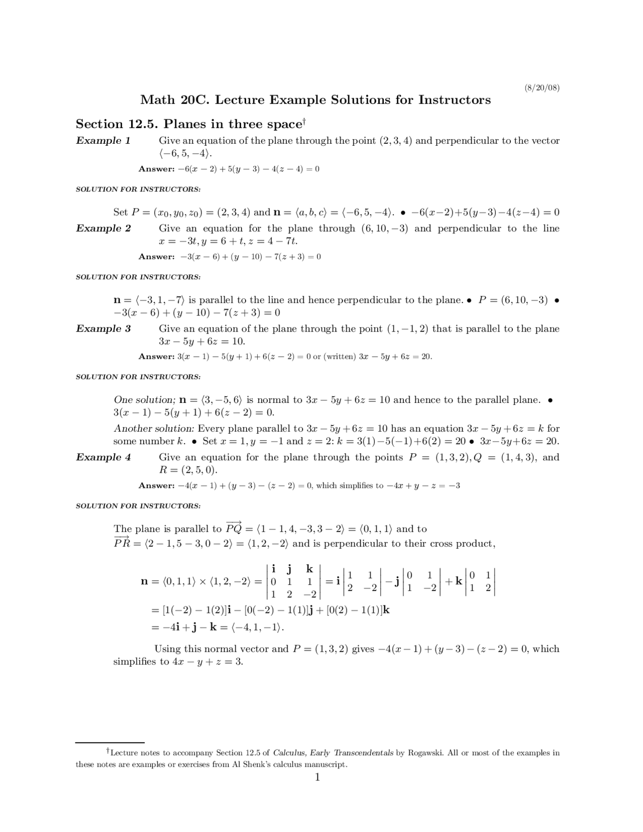 6 Solved Examples on Planes in Three Space | MATH 20C - Docsity