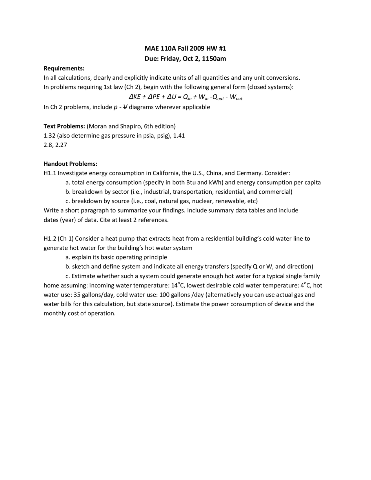 Assignment 1 For Thermodynamics Mae 110a Docsity
