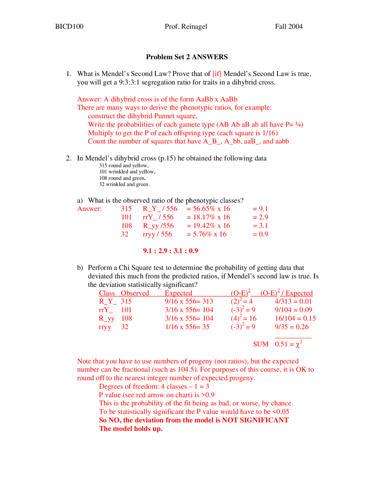 Problem Set 2 Answers - Genetics - Fall 2004 | BICD 100 | Assignments Genetics | Docsity