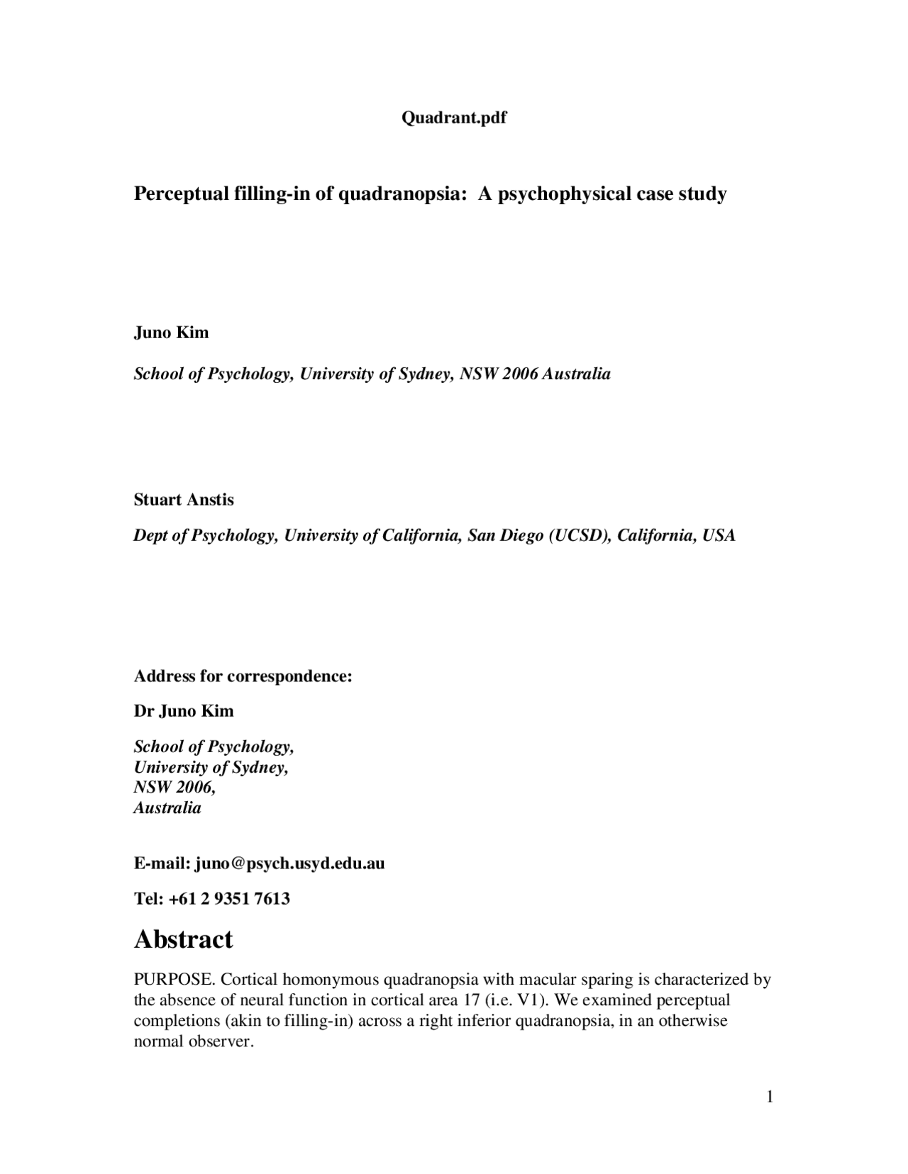 Perceptual Filling in of Quadranopia: A psychophysical Case Study | DOC ...