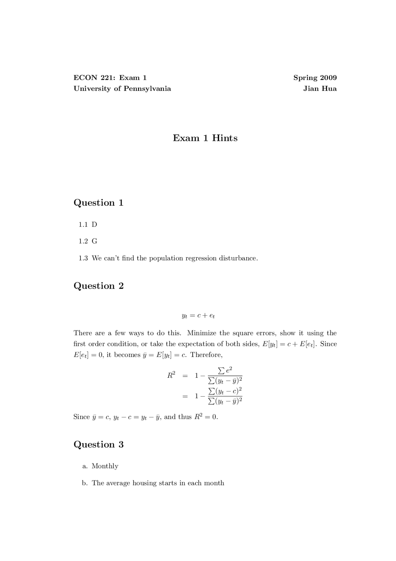 Sample Questions For Exam 1 Econometric Forecasting Econ 221 Docsity