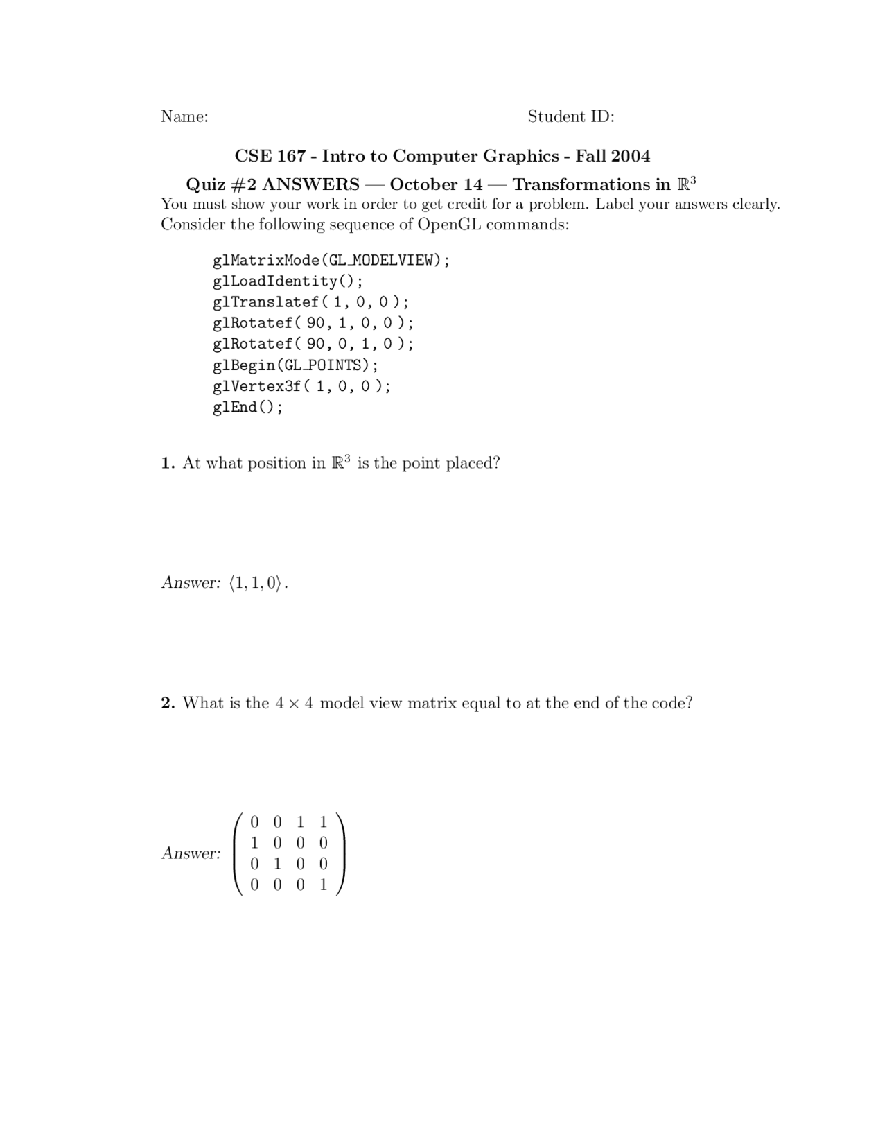 2 Questions On Model View Matrix Quiz 2 Cse 167 Docsity
