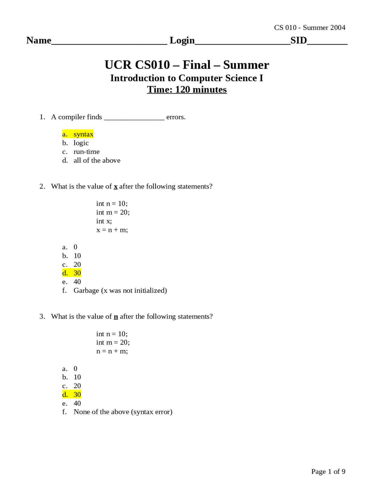 30 MCQs for Final Exam with Answer Key - Computer Science I | CS 010 - Docsity