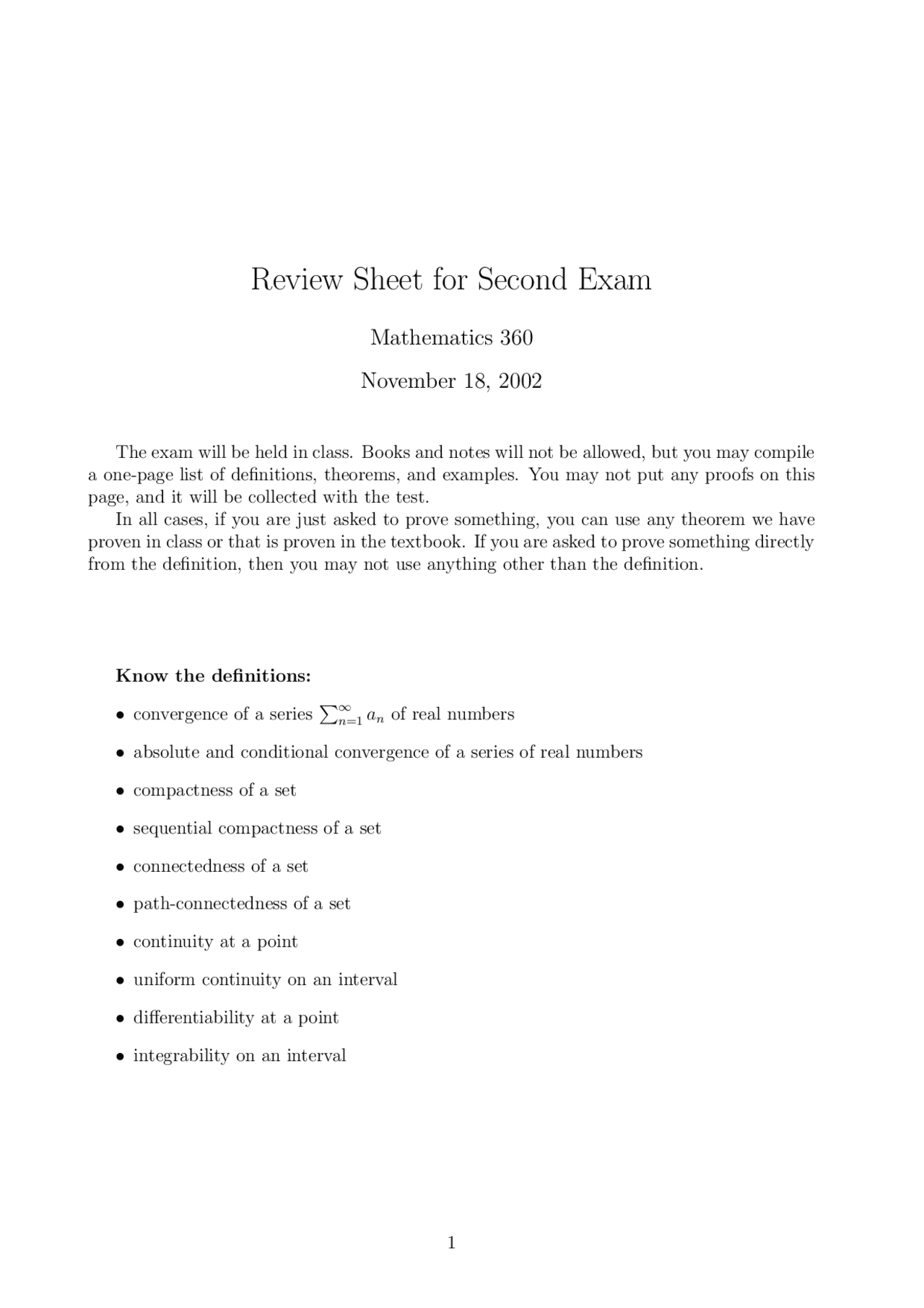 Review Sheet For Second Exam Advanced Calculus Math 360 Docsity