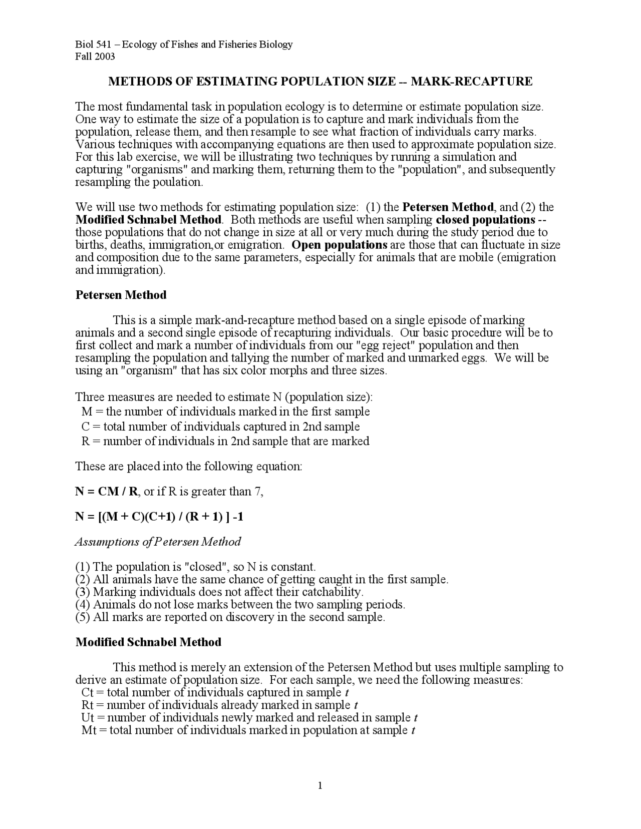 Methods Of Estimating Population Size Mark Recapture Biol 541 Docsity