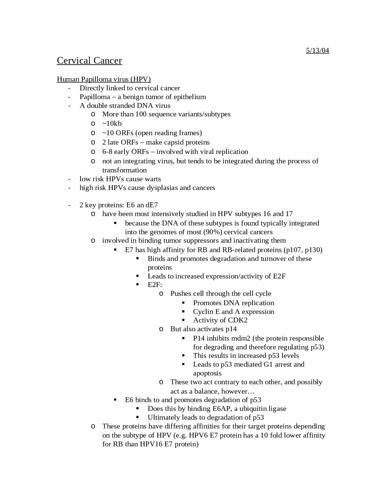 Cervical Cancer Lecture Notes Bimm 134 Docsity