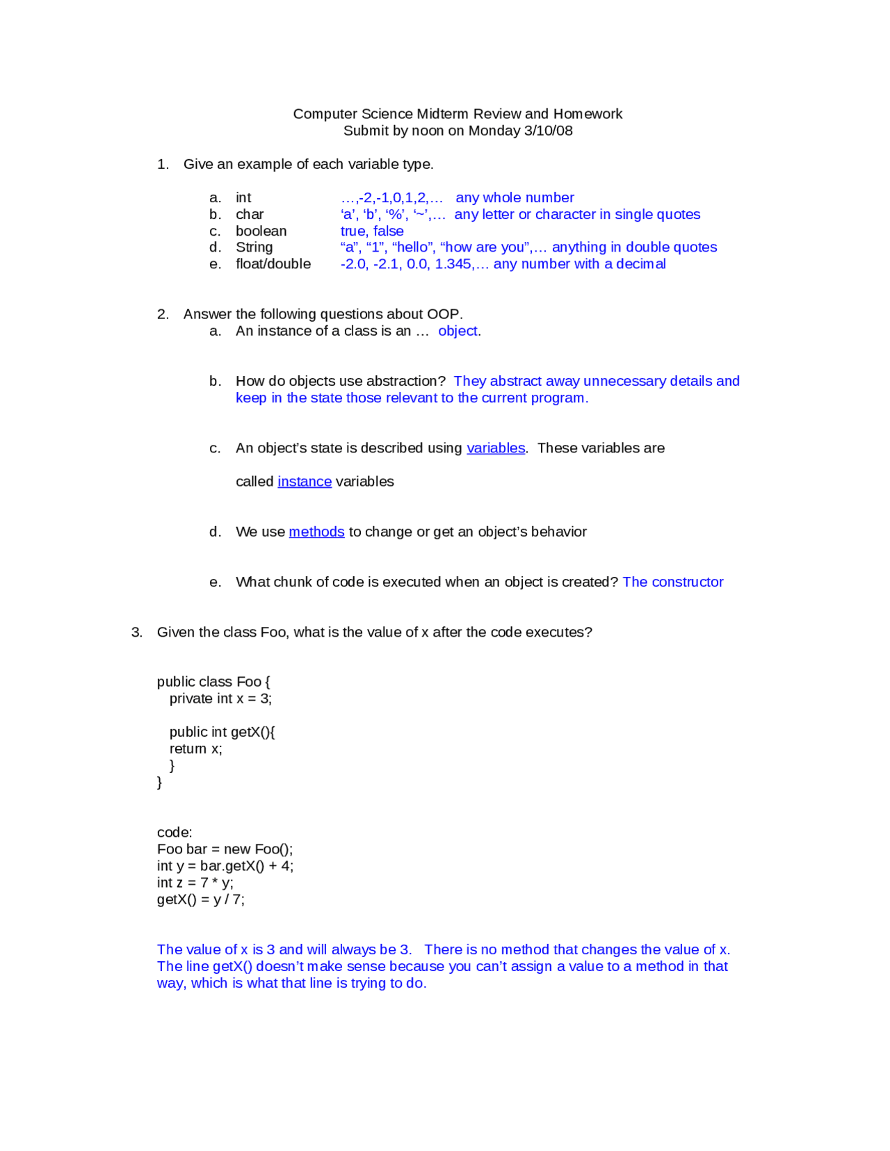 Computer Science Midterm Review and Homework: Variables, OOP, Loops ...