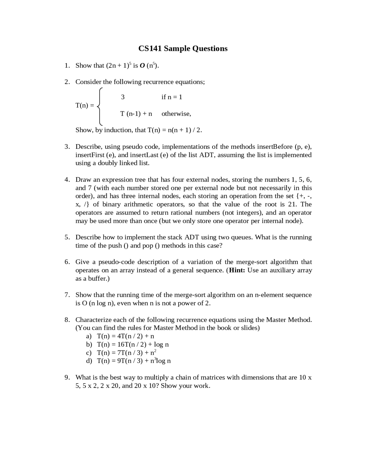 CS141 Course Sample Questions in Computer Science | Study notes ...